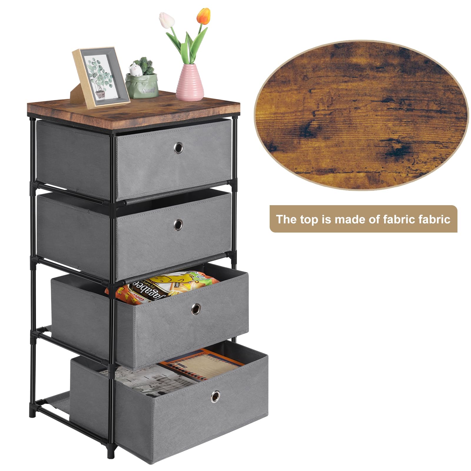 MOOACE Fabric Storage Dresser with Drawers, 4 Drawers Clothes Organizer and Storage Tower for Bedroom, Small Fabric Storage and Chest of Drawers, Gray