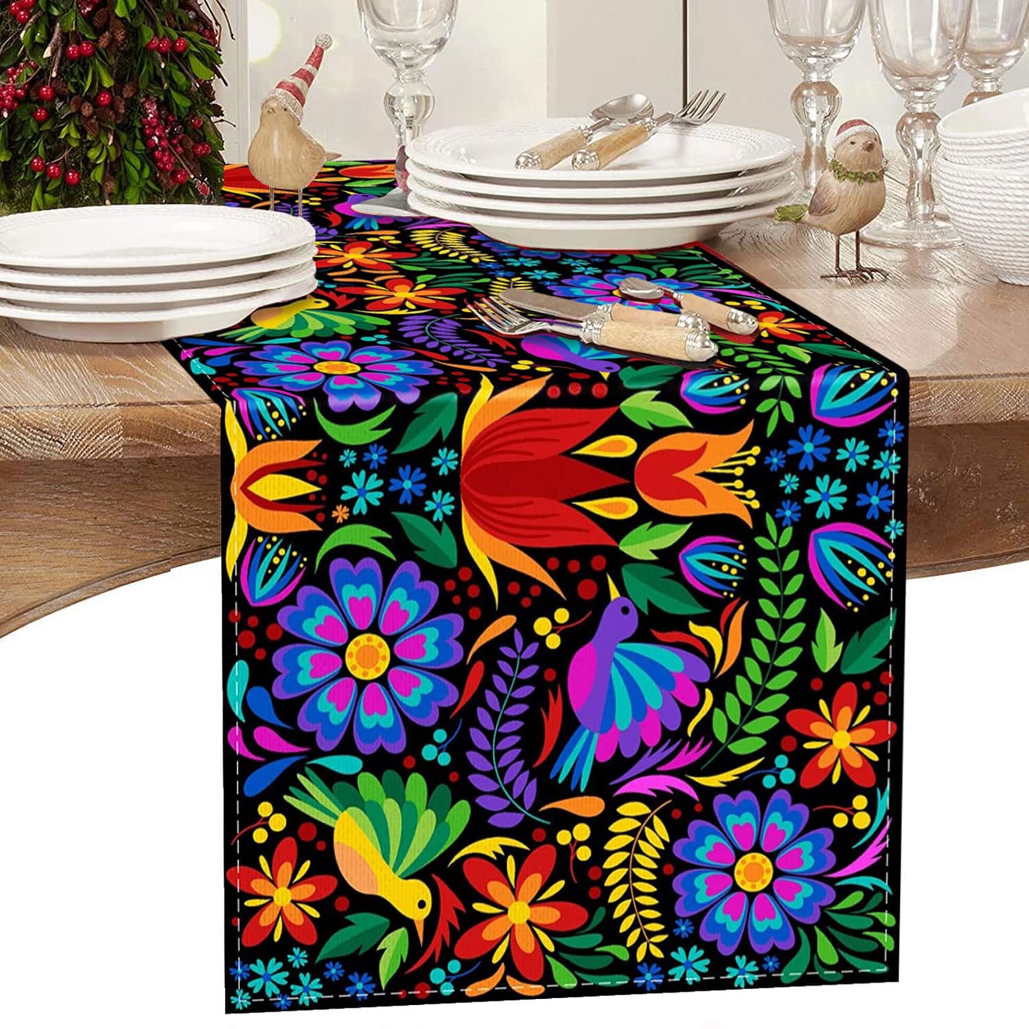 FUHSY Mexican Fiesta Table Runner Floral Linen Table Runner 13 x 72 Inch Dia De Los Muertos Decor Cinco De Mayo Mexican Theme Party Table Decorations Day of The Dead Serape Dinner Table Cloth Runner