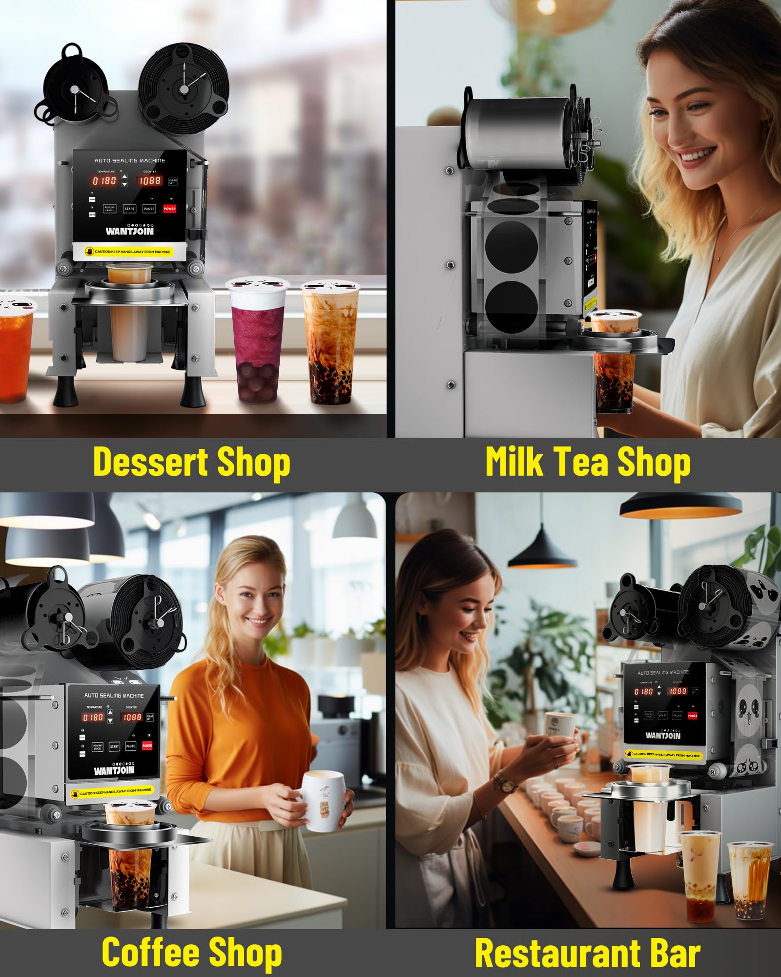 WantJoin Cup Sealing Machine - Full Automatic Cup Sealer Machine 90/95mm, 35.4/37.4in, 500-650 Cups/H Commercial Digital Control LCD Panel Electric Cup Sealer for Bubble, Milk Tea, Coffee, Grey