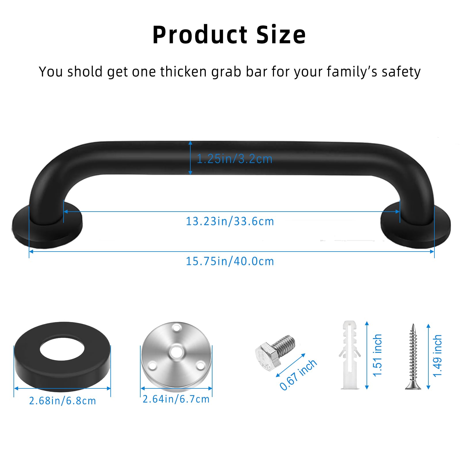 Supwish Handicap Grab Bars for Shower 16 Inch Black, 2 Pack Bathroom Grab Bars for Wall Toilet Bathtub, Shower Bars Safety Hand Rail Support Handle - Shower Grab Bars for Seniors Elderly Disabled