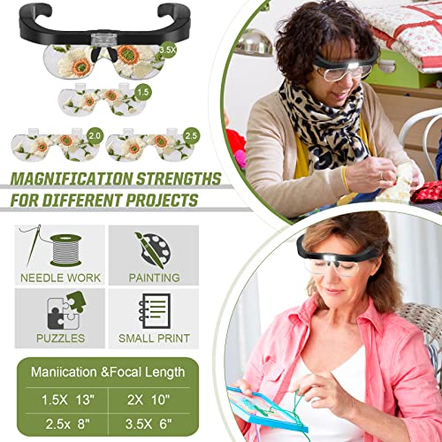 Rechargeable Headband Magnifying Glass, Hands Free Head Mount Magnifier Glasses with LED Light, 1.5X-2X-2.5X-3.5X Lighted Magnifying Headset for Close Work Reading Craft Jewelers Hobby Lash Extensions