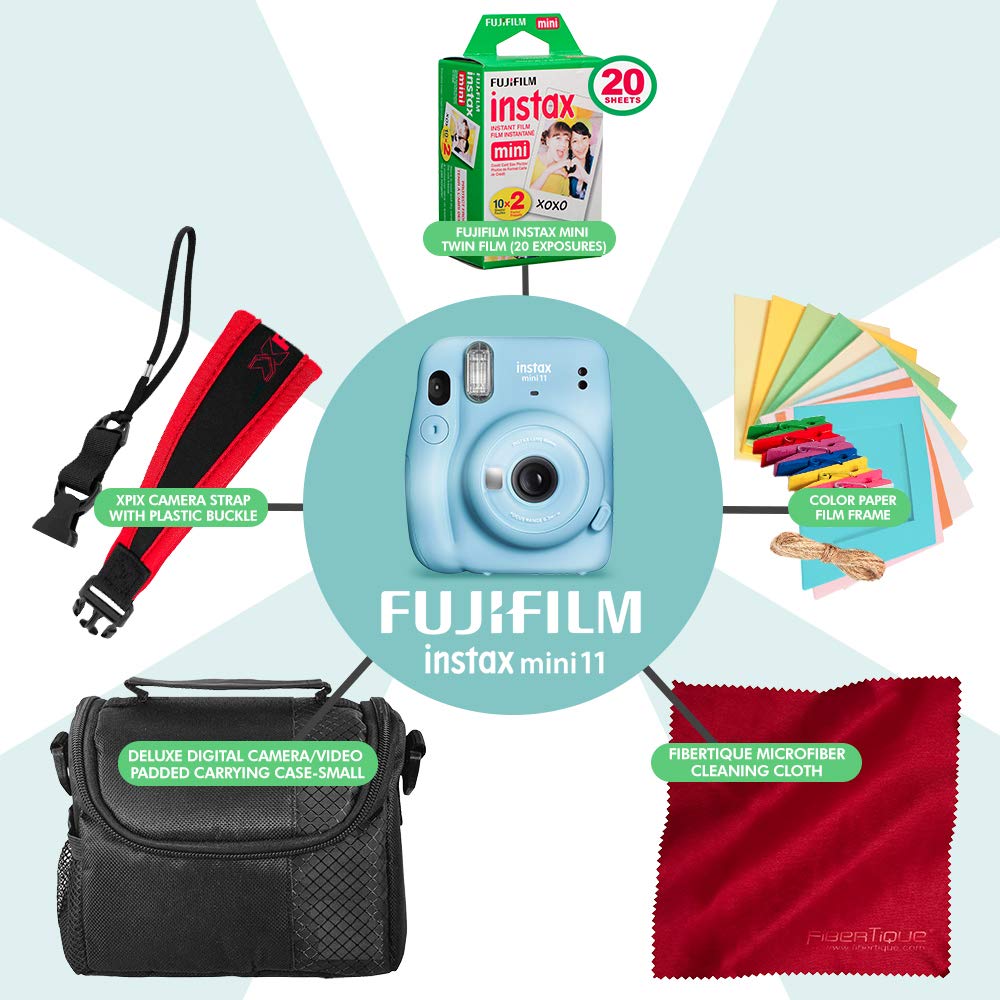 FUJIFILM INSTAX Mini 11 Instant Film Camera (Sky Blue) + Fujifilm Instax Mini Twin Film (20 Exposures), Camera Carrying Case, Xpix Camera Strap & Funky Film Frames