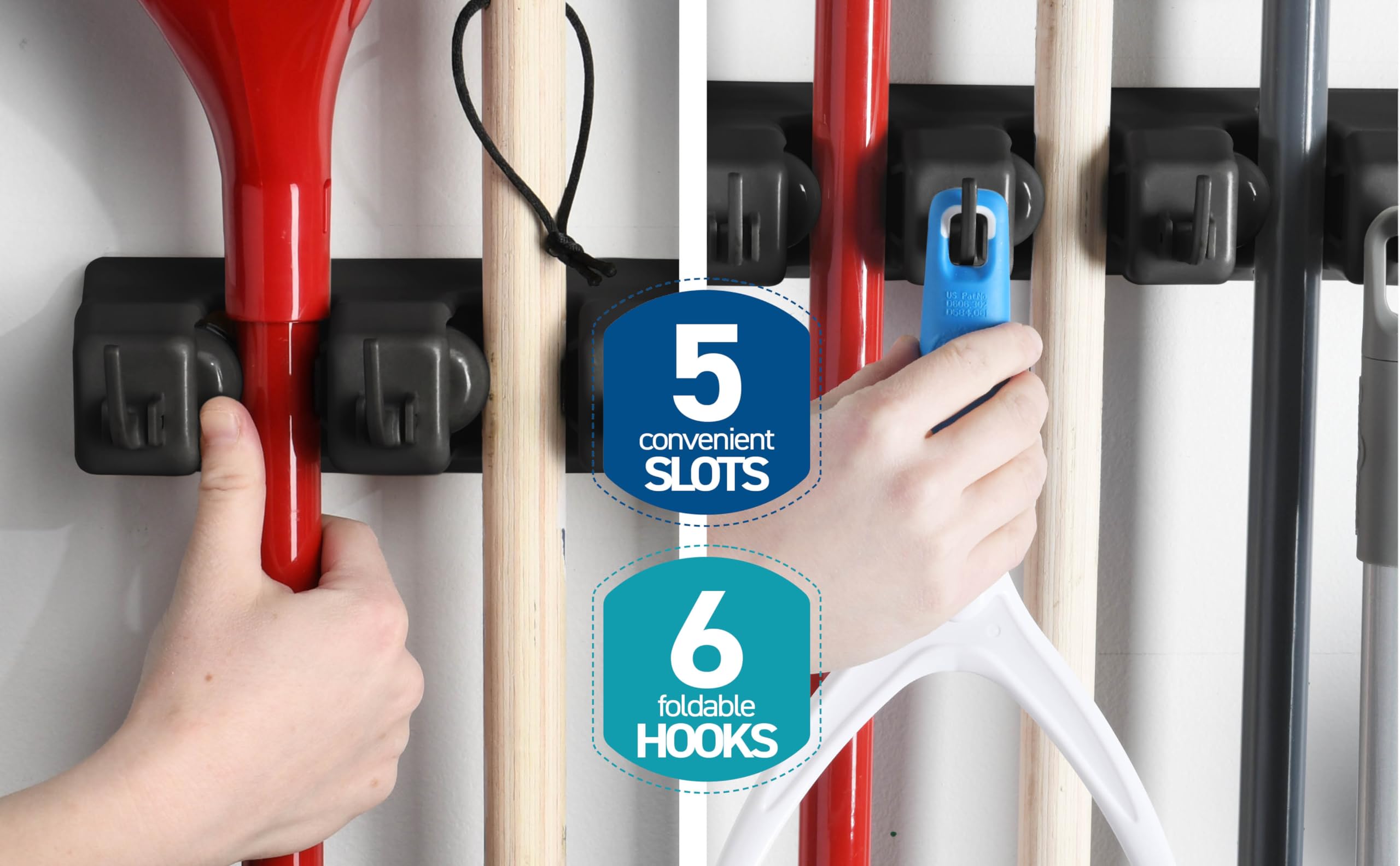 Mop and Broom Holder Wall Mount - Garage Storage Organizer with 5 Slots, 6 Hooks, 7.5lbs Capacity Per Slot - Home, Kitchen, Closet, Garden Tools, Laundry Room Organization β Black Broom Hanger