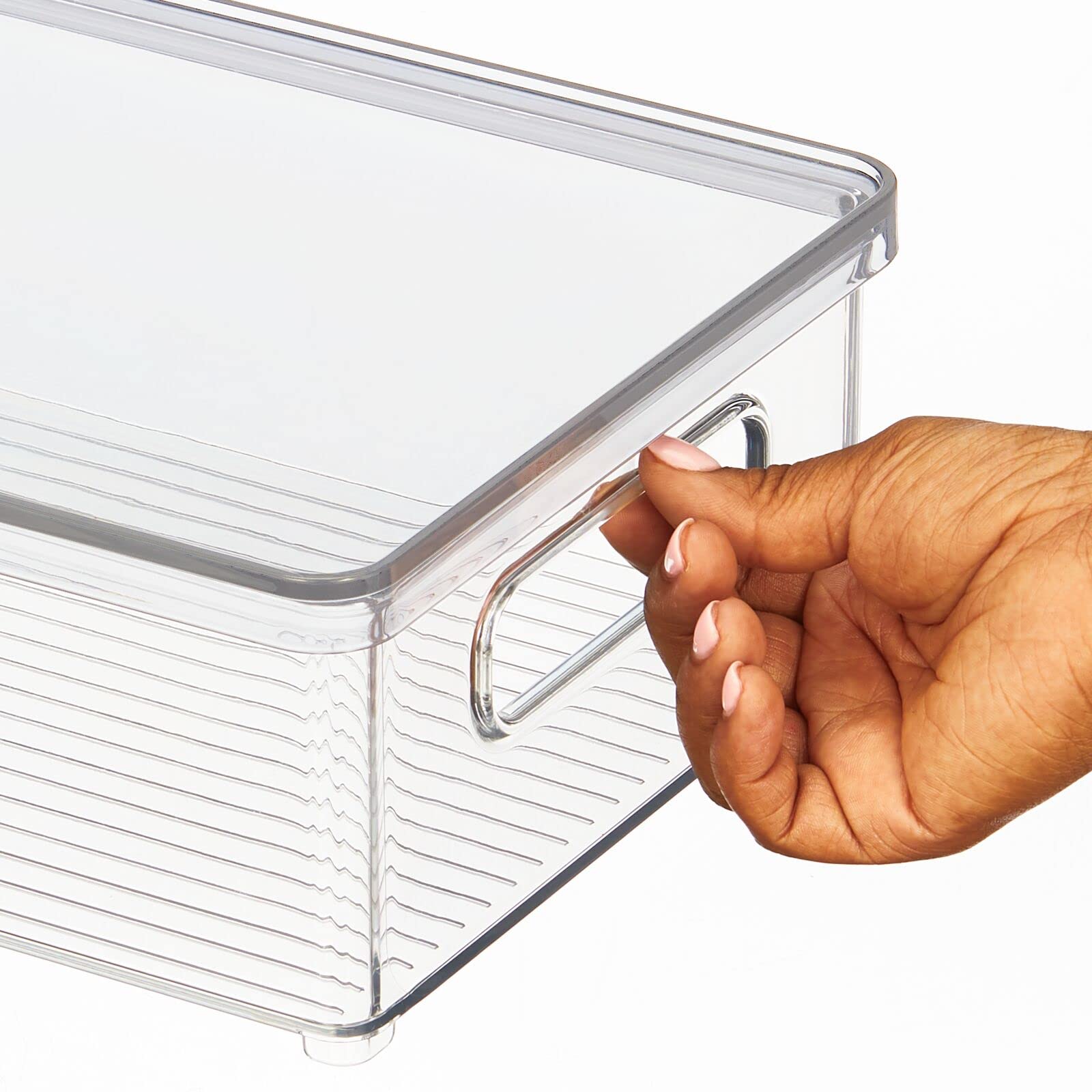 mDesign Plastic Stackable Kitchen Cabinet Storage Bin Box with Handles/Lid - Fridge, Cupboard, Countertop Food Storage for Snacks Stacking Organization, Ligne Collection, 8 Pack, Clear