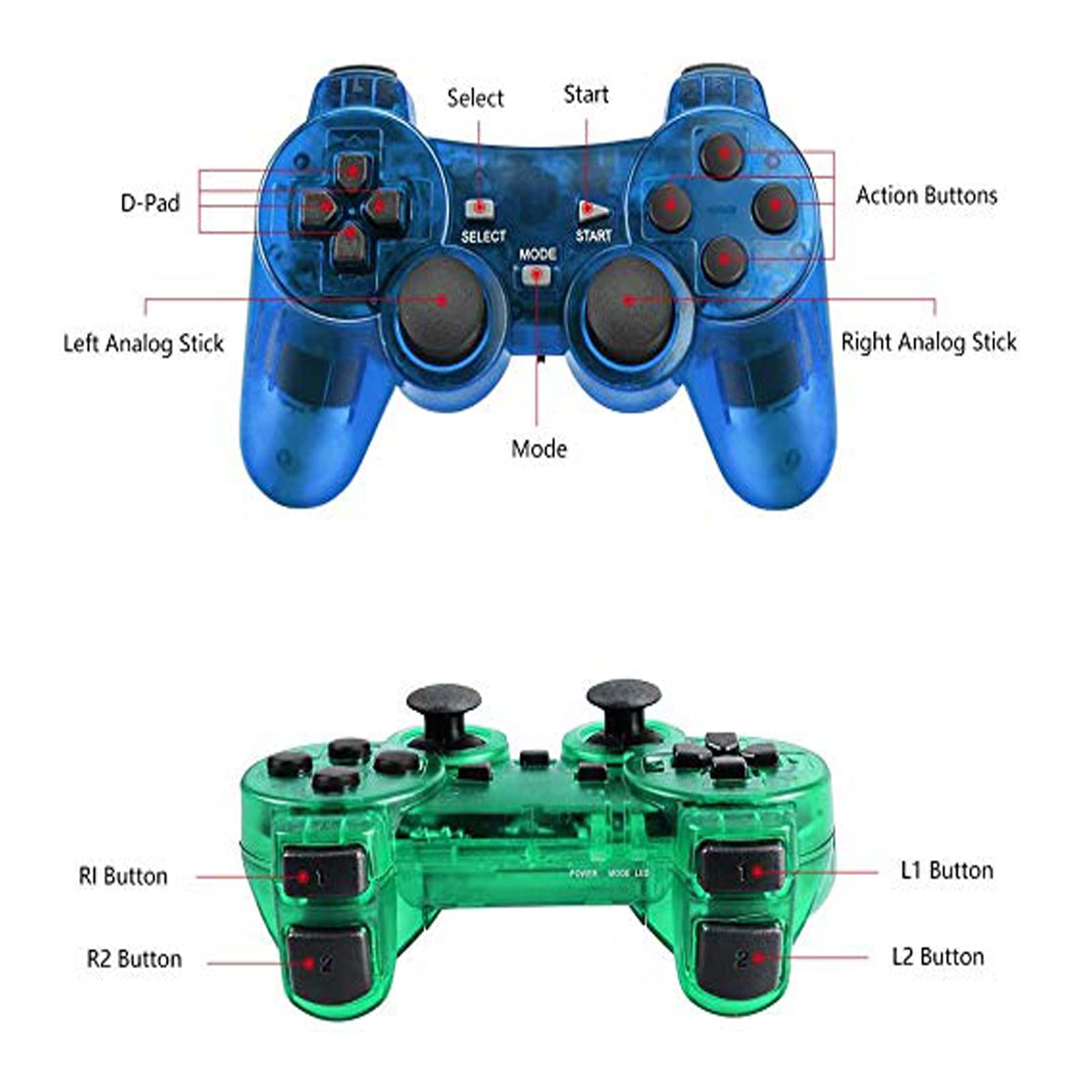 JINHOABF Wireless Controller for PS2,Built-in Dual Vibration 2.4G Gamepad Joystick Compatible for PS2 Controller,with Wireless Receivers (Clear Blue and Clear Green)
