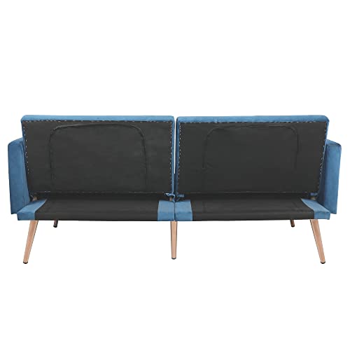 RARZOE Velvet Sofa Bed Loveseat Sofa Accent Sofa, Mid Century Modern Convertible Sleeper Couch, Futon Sofa Bed with 2 Pillows for Living Room Bedroom Apartment,Water Blue