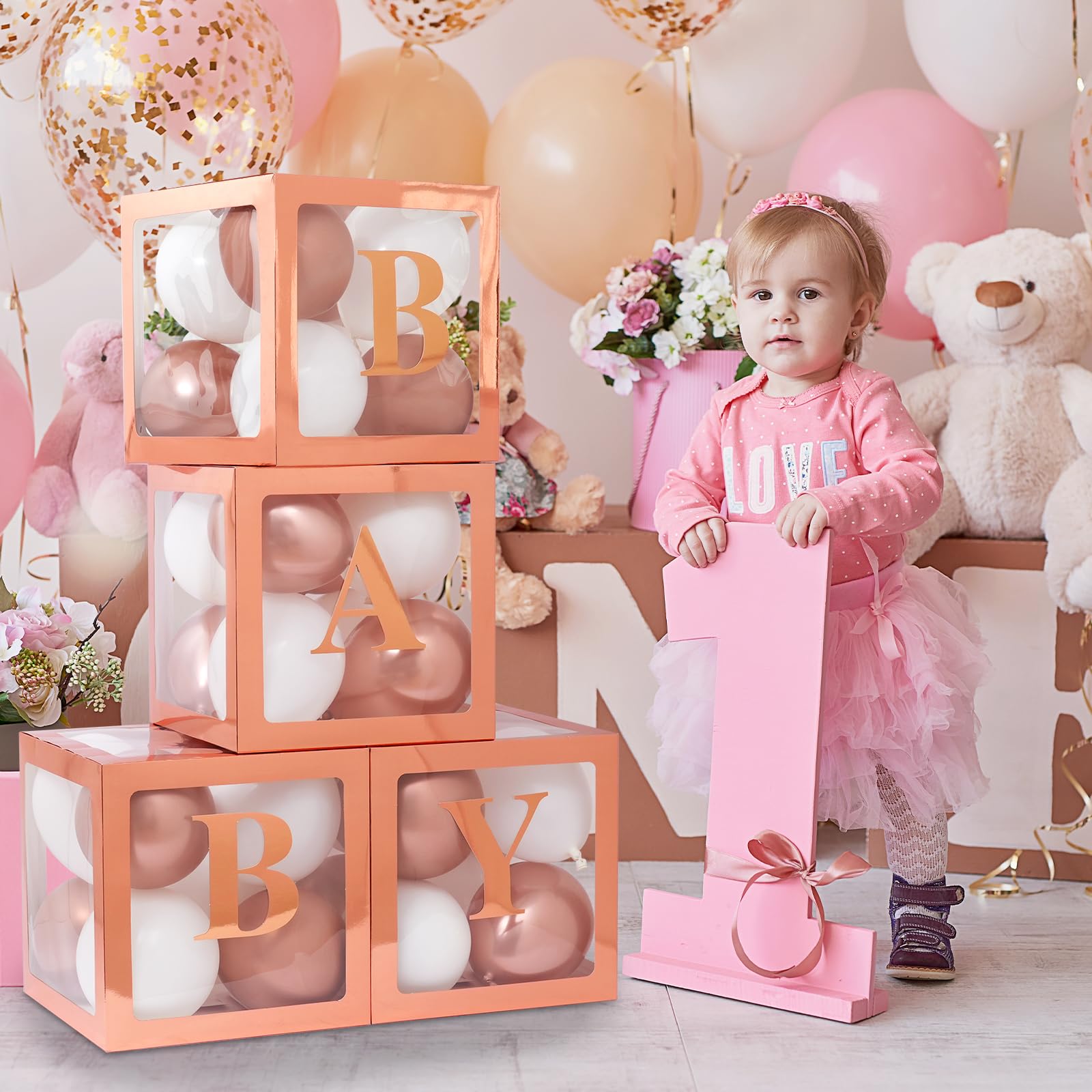 RUBFAC Baby Boxes with Letters for Baby Shower Silver Clear Block Box Transparent Balloon Boxes Birthday Party Decoration Gender Reveal Gift Box