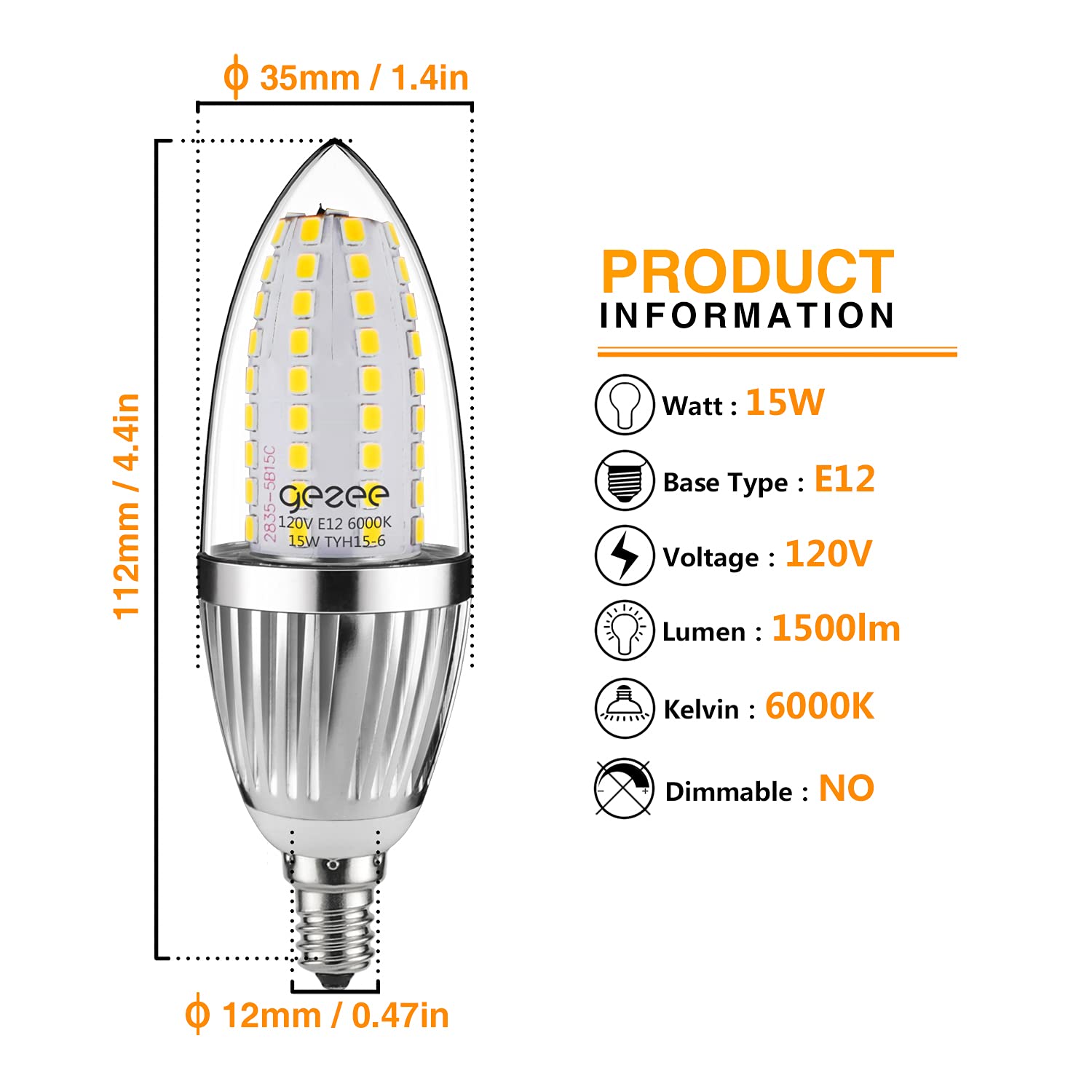 gezee 15W LED Candelabra Bulb, Non-Dimmable, 120Watt Light Bulbs Equivalent,Daylight White 6000K Chandelier Bulbs, E12,120V, 1500Lumens, Torpedo Shape(4 Pack)