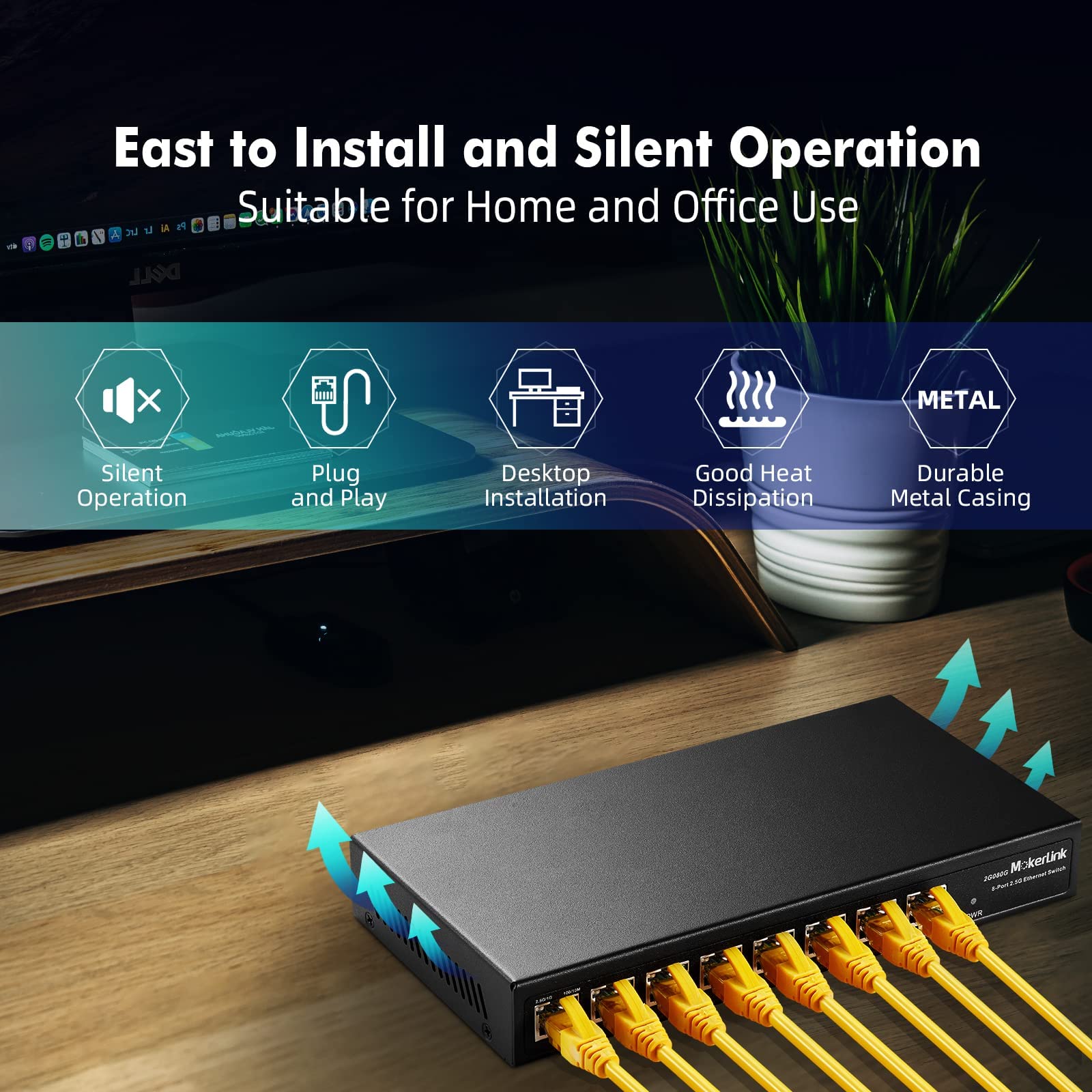 MokerLink 8 Port 2.5G Ethernet Switch, 8 x 2.5G Ethetnet Ports, Compatible with 10/100/1000Mbps, Metal Unmanaged Fanless Network Switch(Renewed)