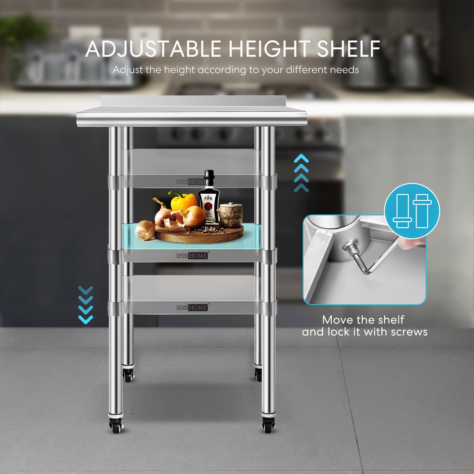VIVOHOME 24 x 24 Inch Stainless Steel Work Table with Backsplash, Prep Commercial Table with Wheels for Restaurant, Hotel, Home and Warehouse