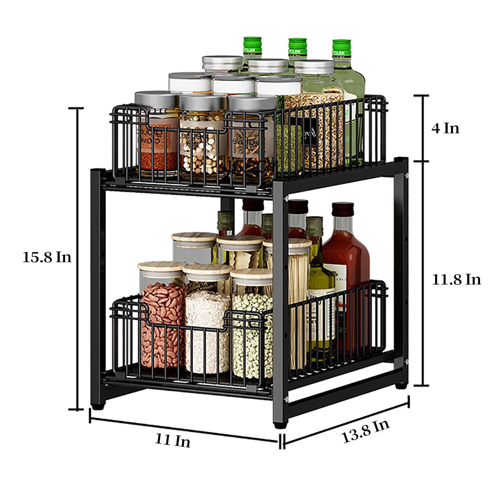 SILUB Under Sink Organizer, 2-Tier Pull Out Cabinet Organizer, Kitchen Bathroom Organizer and Storage, Spice Rack for Kitchen, Multi-use Sliding Drawers Shelves (1 Pack)