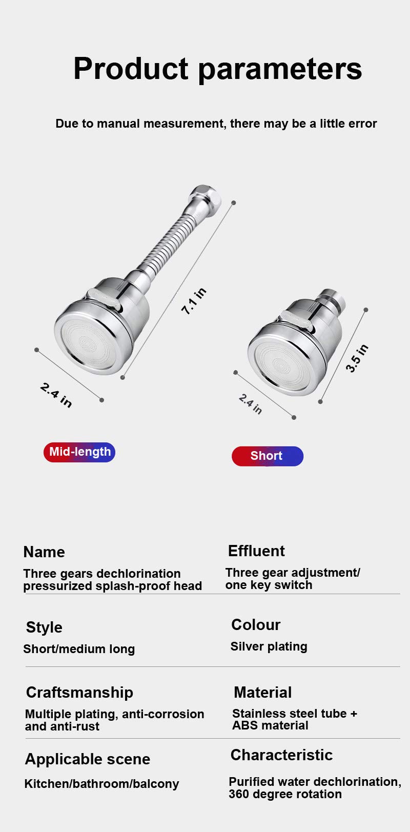Faucet Water Filter, 360 ° Rotatable Faucet,Moveable Kitchen Tap, Splash Proof Filter, High Pressure Faucet Aerator Head Universal Copper Connector, 3 Adjustment Modes Faucet Sprayer (mid-length)