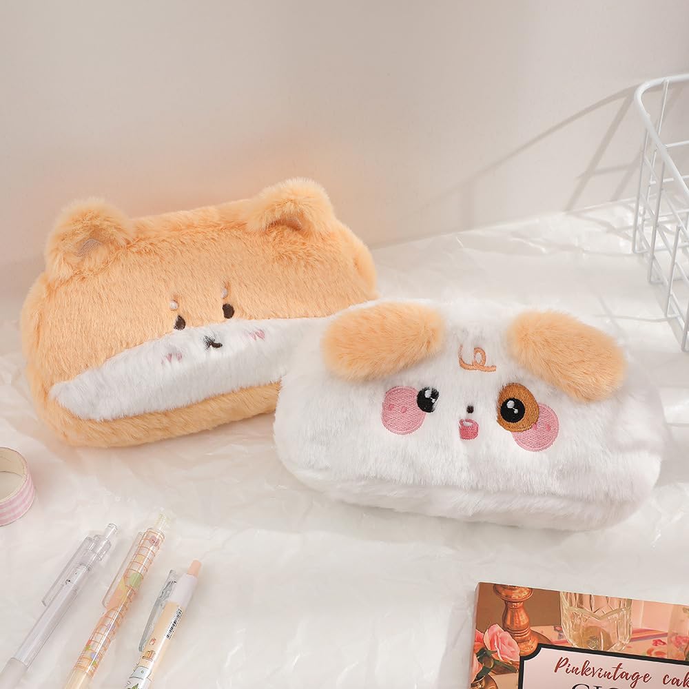 NIORYUZ Fluffy Plush Cute Animal Puppy Kitty Bunny Pencil/Pen Pouch Soft Cosmetic Bag Tote/Travel Organizer Large Capacity (Kitty)
