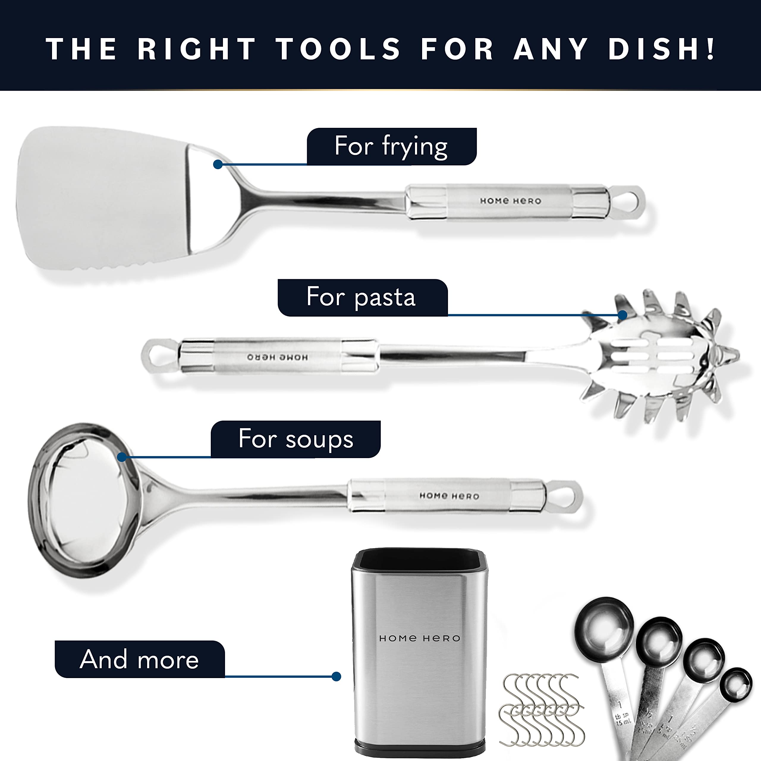 Home Hero 32 Pcs Stainless Steel Kitchen Utensils Set - Nonstick Stainless Steel Cooking Utensils Set - Heat Resistant Kitchen Essentials & Metal Kitchen Gadgets (32 Pcs Set with Utensils Holder)