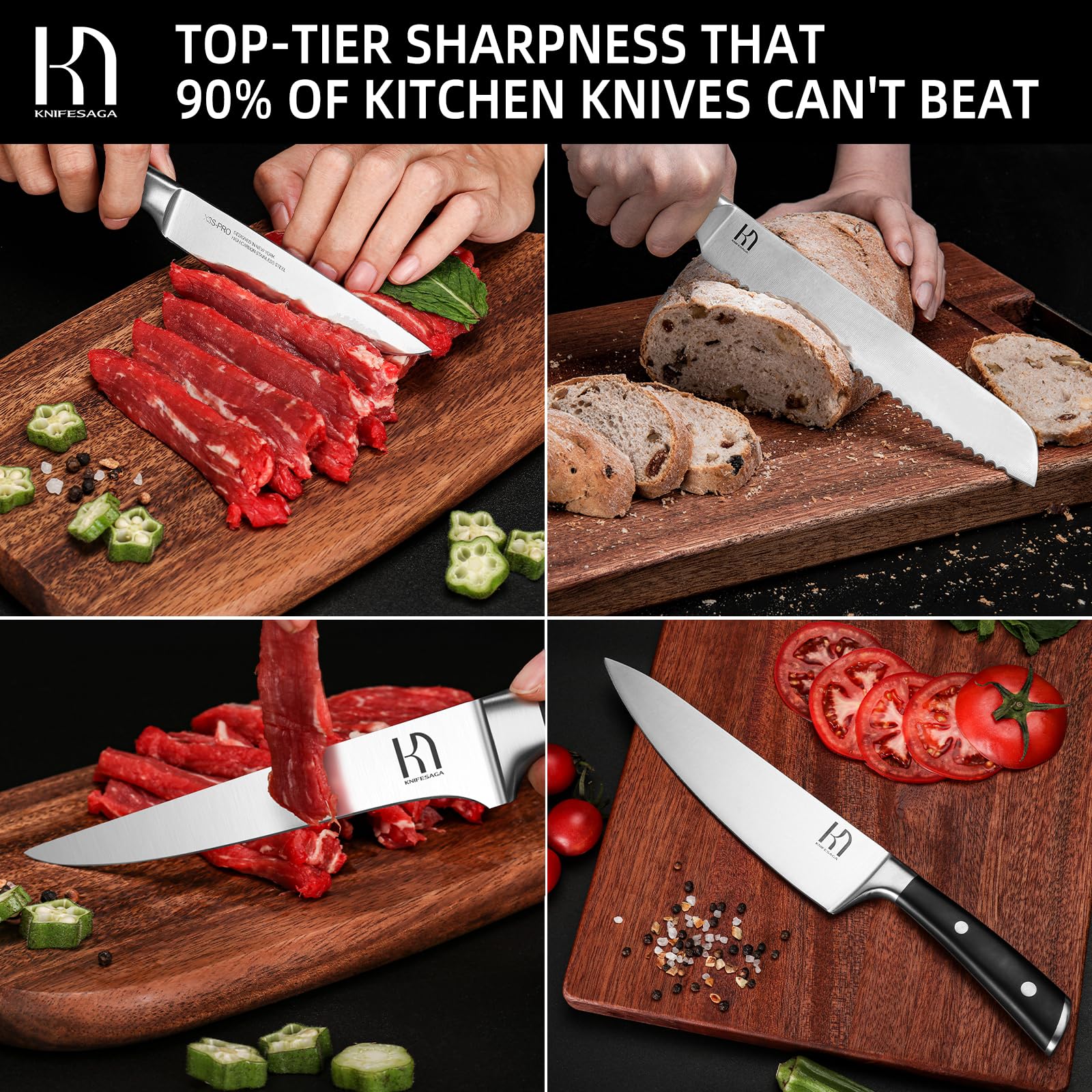 KnifeSaga Kitchen Knife Set, 15 Pcs Knife Block Set, Japanese Knife Sets for Kitchen with Block and Sharpener, Razor-Sharp Premium Knives Sets High Carbon Stainless Steel, Black