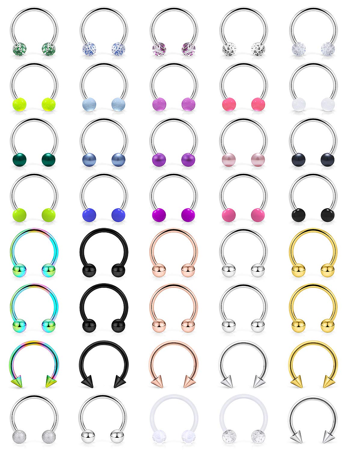Ftovosyo 40Pcs 16G Surgical Steel Nose Septum Rings Piercing Jewelry Horseshoe Cartilage Helix Tragus Earring Hoop Eyebrow Lip Hoop Retainer for Women Men 10mm 3/8 Inch Silver Black