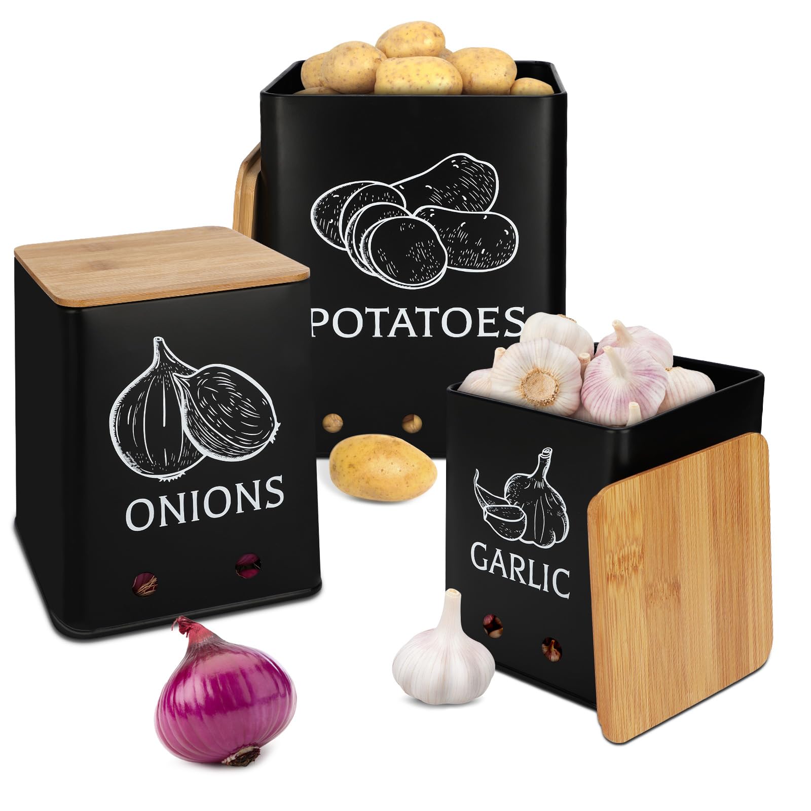 Moondust Wj 3 Pack Vegetable Storage Tins,Potatoes Storage,Metal Onion and Potato Storage Bins,Kitchen Potato and Onion Storage Bin,Onion Storage Containers with Aerating Holes and Wooden Lid.