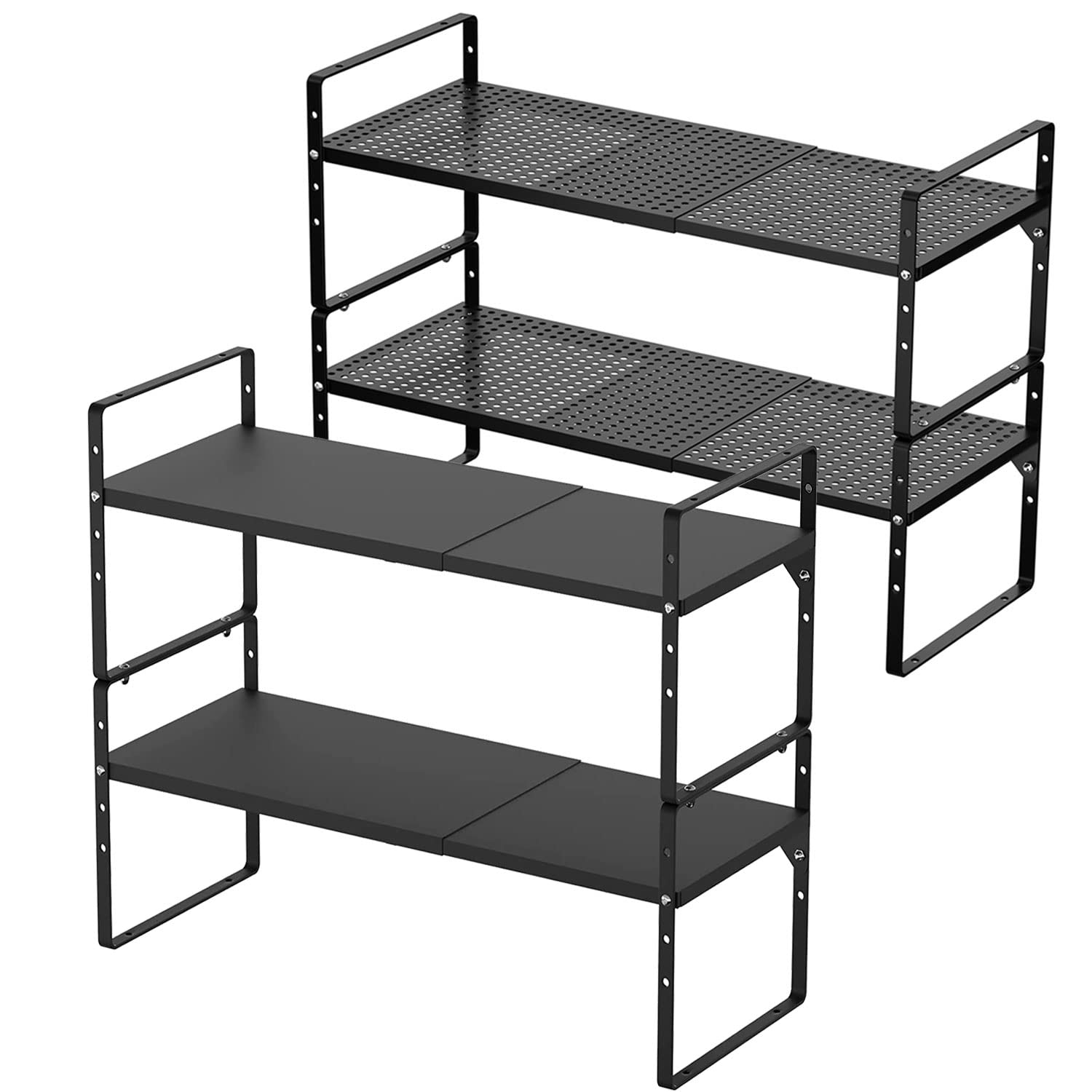 GEDLIRE Expandable Kitchen Cabinet Shelf Organizers 4 Pack, Stackable Metal Pantry Storage Shelves Rack, Adjustable Counter Shelf for Cabinets, Countertop, Cupboard Organizers and Storage, Black