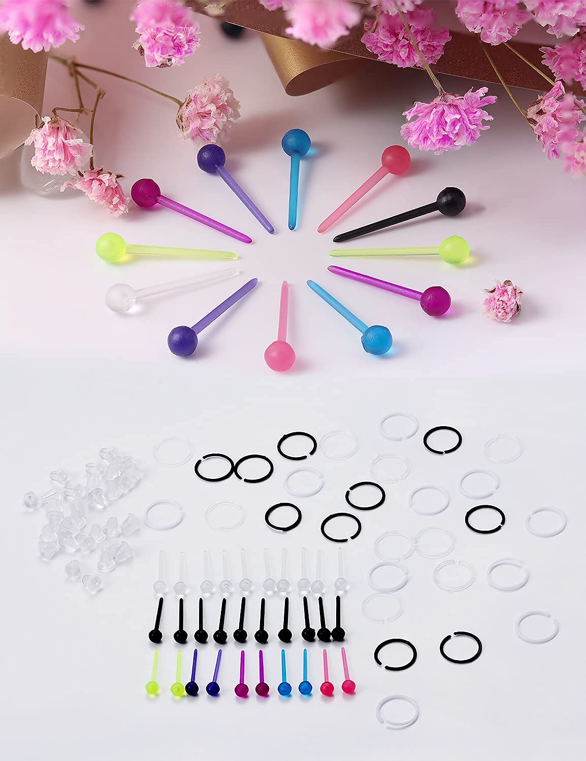 Ftovosyo Invisible Plastic Earring Posts Clear Ear Hole Retainer Hoop Earring Studs Clear Ear Spacers Piercing Jewelry for Men Women Kids Sports Work, Silicone Rubber Backs Earnuts
