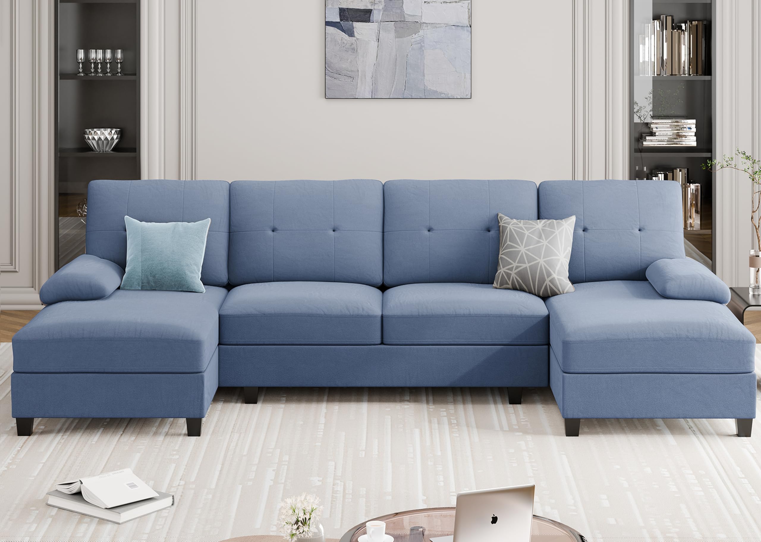 Meilocar Sectional Couches for Living Room, 4 Seat Sofa Set U Shaped Couch with Wide Double Chaise, 106in Modern Sofa Fabric Large Couch with Oversized Seats (Blue)
