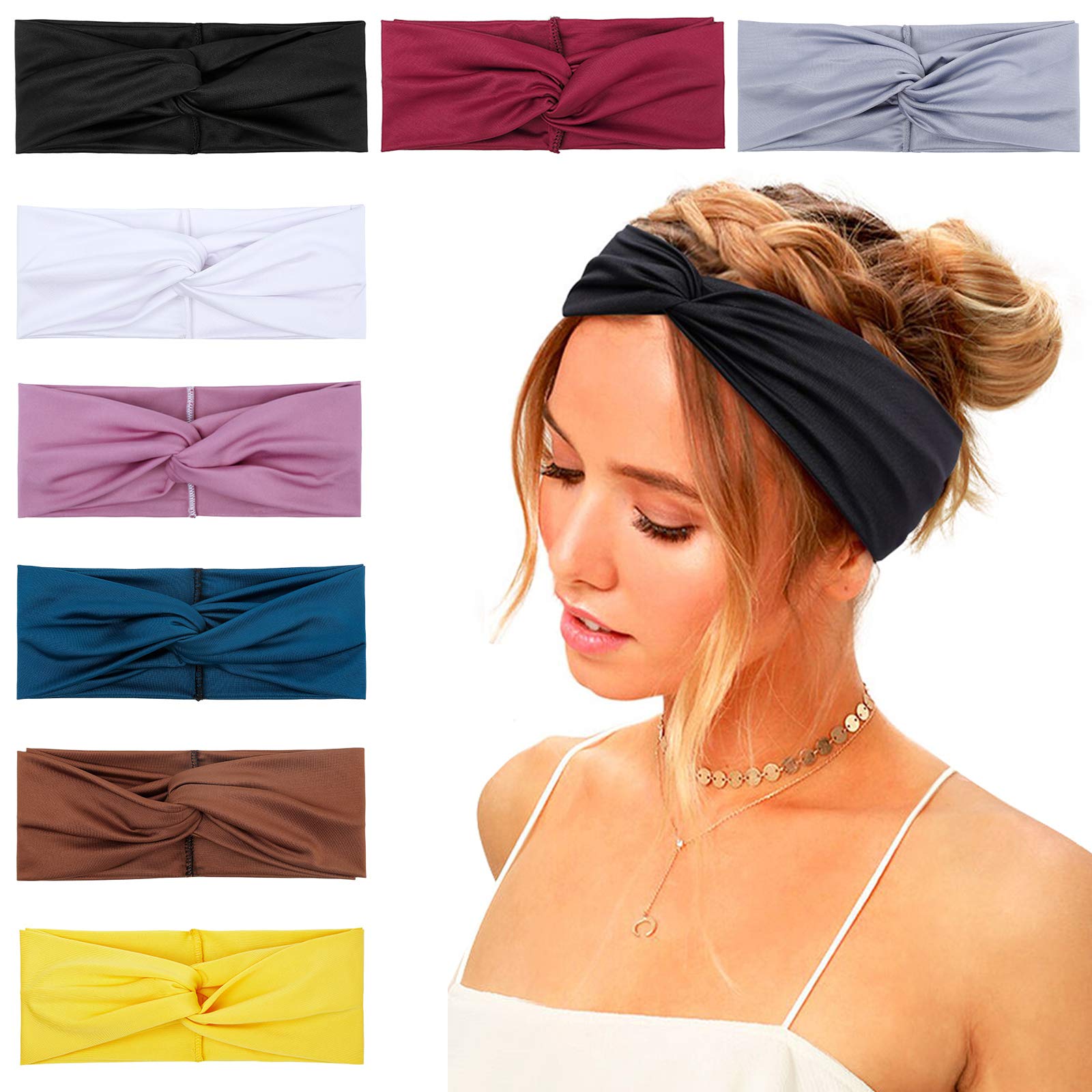 Huachi Women Headbands Headwraps Twisted Wide Elastic Turban Thick Hair Accessories, 8 Pack