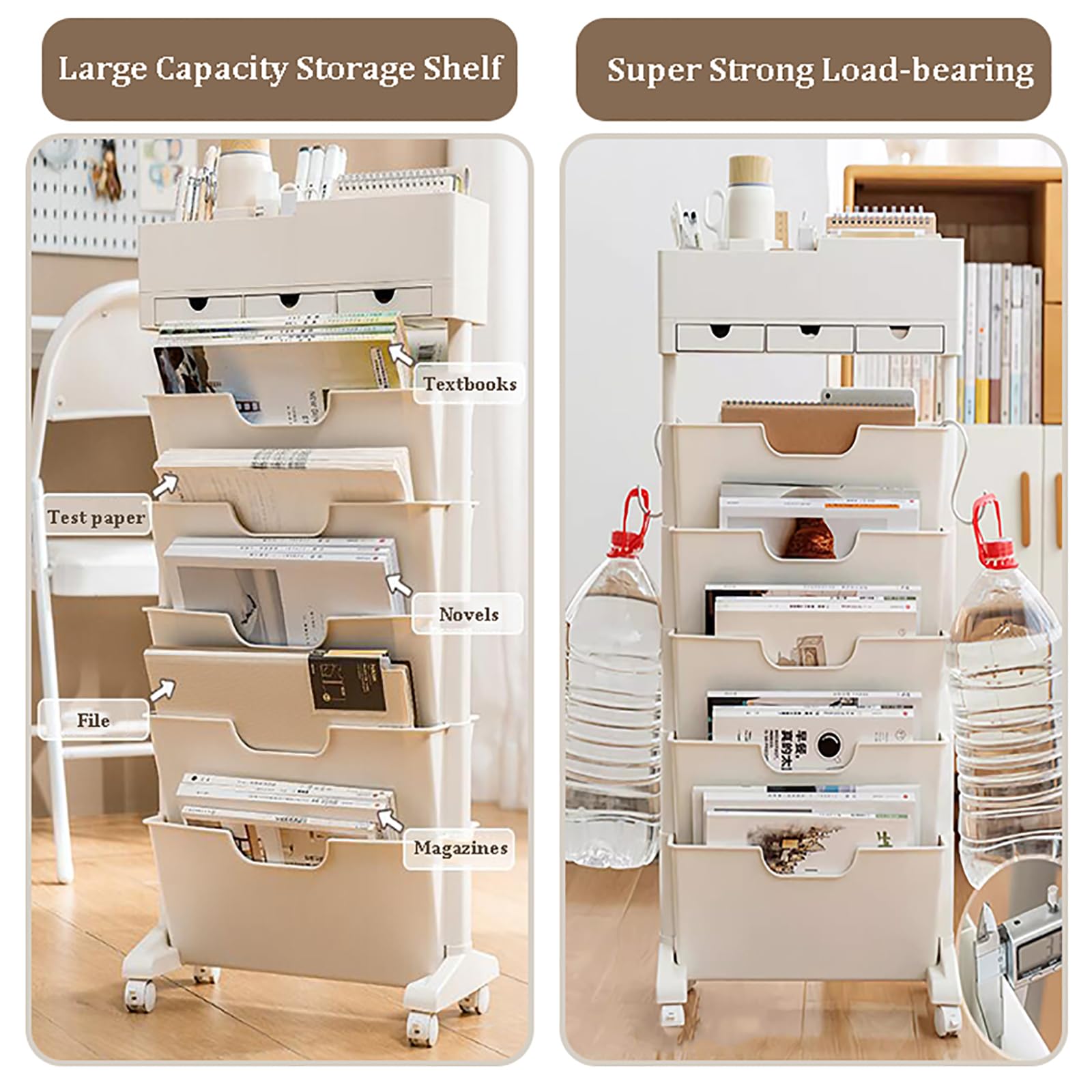 HM&DX 6 Tier Rolling File Carts with Wheels,Tall Narrow Bookshelf,Utility Cart with Wheels,Classroom Deskside Movable Book Shelf,Multi-Functional Storage Shelves for Office Kitchen Classroom