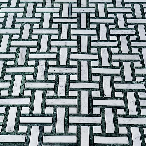 Stone Center Online Carrara White Marble 1 inch Twine Basketweave Mosaic Tile w/Indian Green Honed Kitchen Bath Wall Floor Backsplash Shower (1 Sheet)
