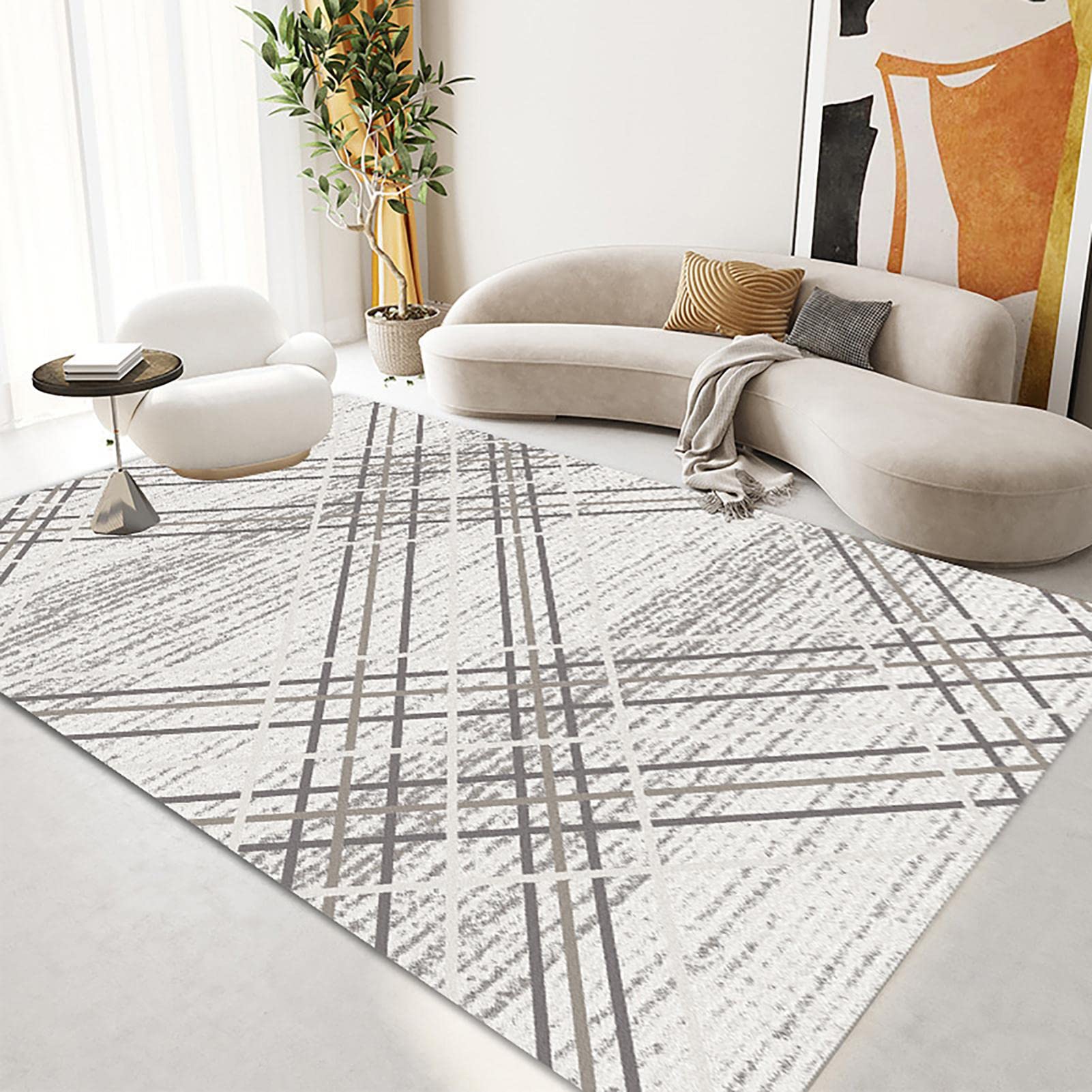FINOREN Artistic Abstract Area Rug.Lines-Grey,5x7 Feet,Suitable for Bedroom,Living Room,Apartment,Machine Washable Non-slip Soft Modern Interior Rug,Smudge-proof,Non-shedding.