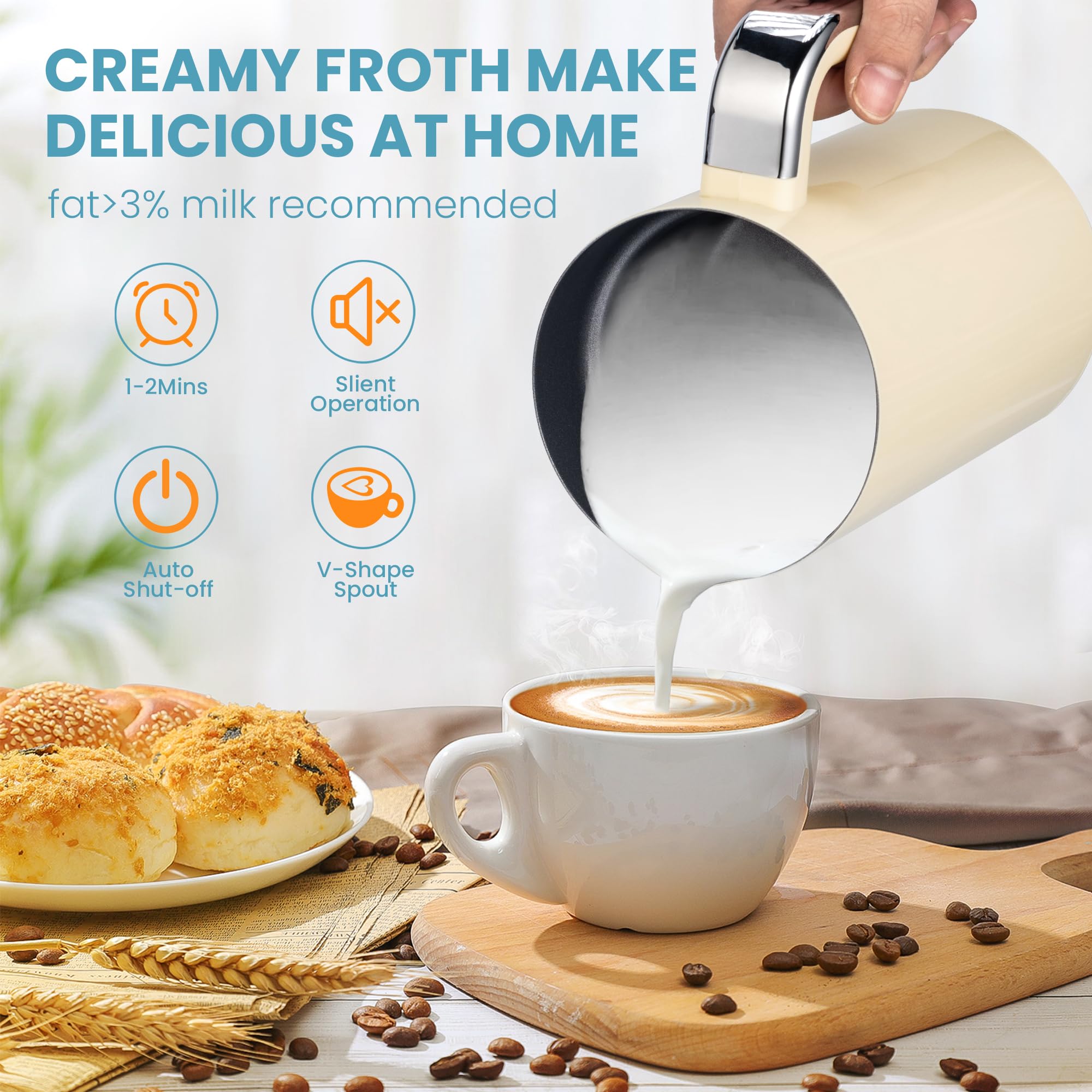 SUSTEAS Milk Frother and Steamer, Electric 4 in 1 Warm and Cold Foam Maker, Automatic Shut-Off Frother with Two Whisks for Latte, Cappuccino, Hot Chocolate, 500W, Beige, 8oz/240ml
