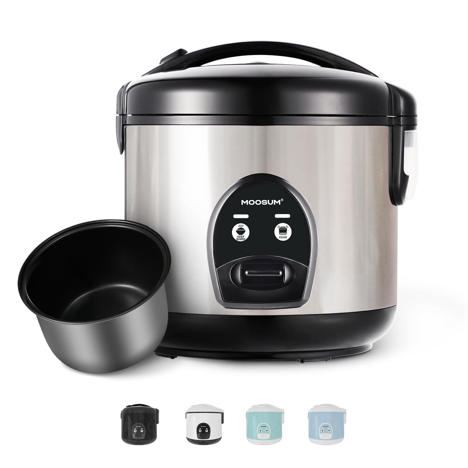 MOOSUM Electric Rice Cooker with One Touch for Asian Japanese Sushi Rice, 10-cup Uncooked, Fast&Convenient Cooker with Steamer, Removable Inner Cover and Auto Warmer, Silver