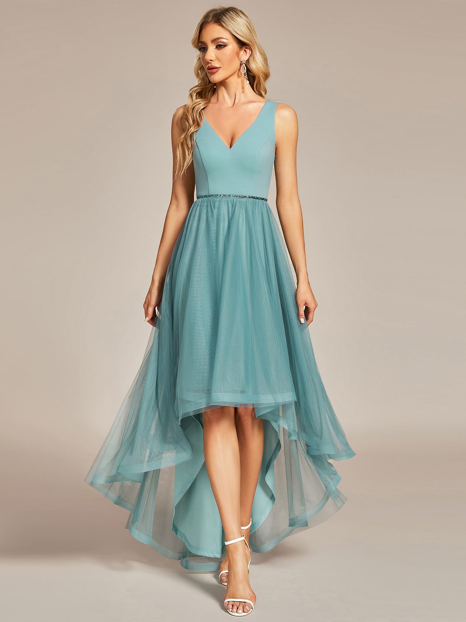 Ever-Pretty Women's Simple A-line Beads Tulle Deep V-Neck Homecoming Dress with Beaded Dusty Blue US8