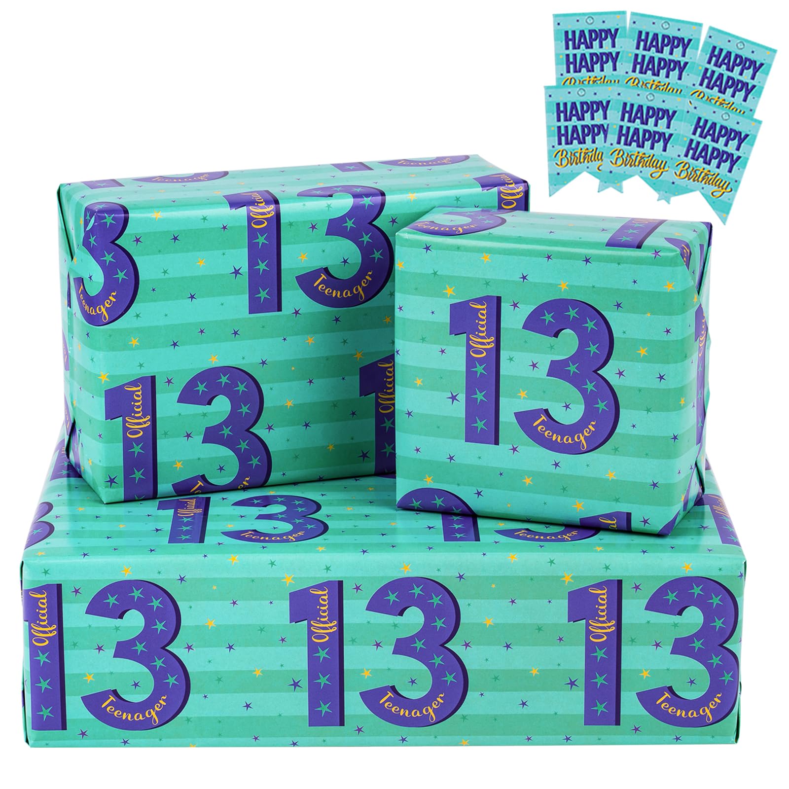RUSPEPA Birthday Wrapping Paper Sheets with Gift Tags for Teenager Boys' Birthday Gift Wrap, 6 Fold on Sheets Each Set, 27 inches x 19 inches, Age 13
