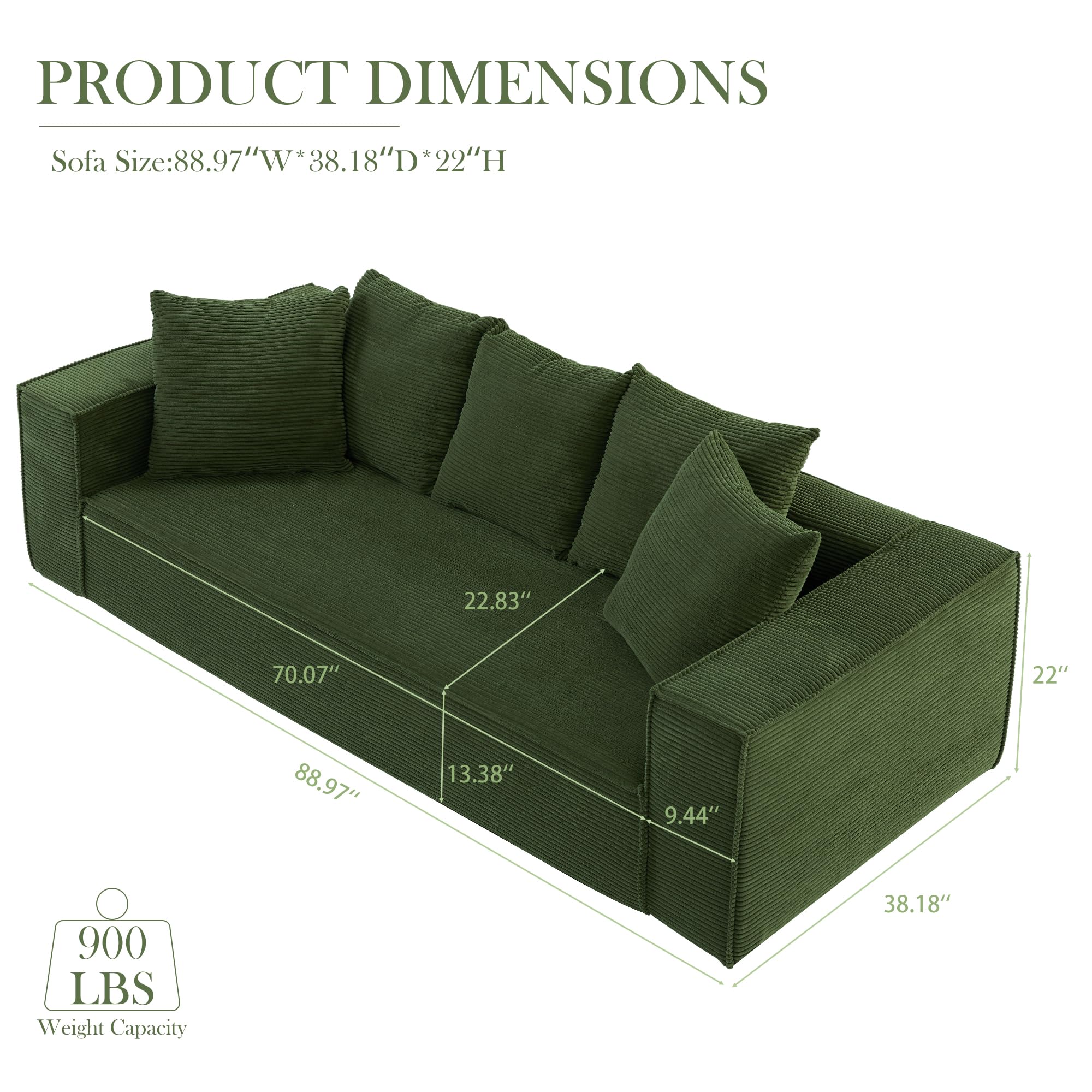 Quenvo Corduroy Sofa Couch for Living Room, Modern 3 Seater Modular Sectional Sofa with 5 Sofa Pillows, Comfy Deep Seat Sofa with Wide Armrest for Apartment Lounge, 89 Inch, Green