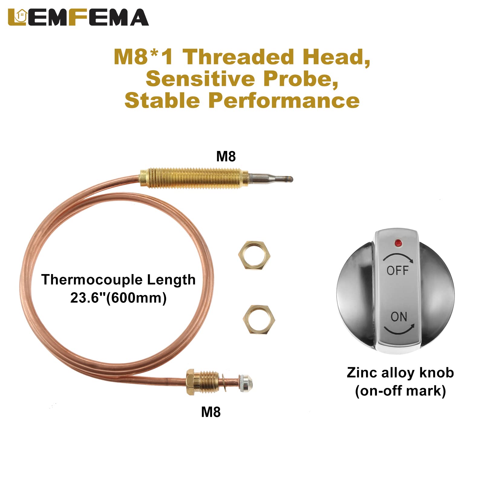 Lemfema Low Pressure LPG Propane Gas Fireplace Fire Pit Flame Failure Safety Control Valve with Thermocouple Knob Switch Kit with 5/8β-18UNF(3/8" Flare Inlet & Outlet) for Propane Fire Pit, Fireplace