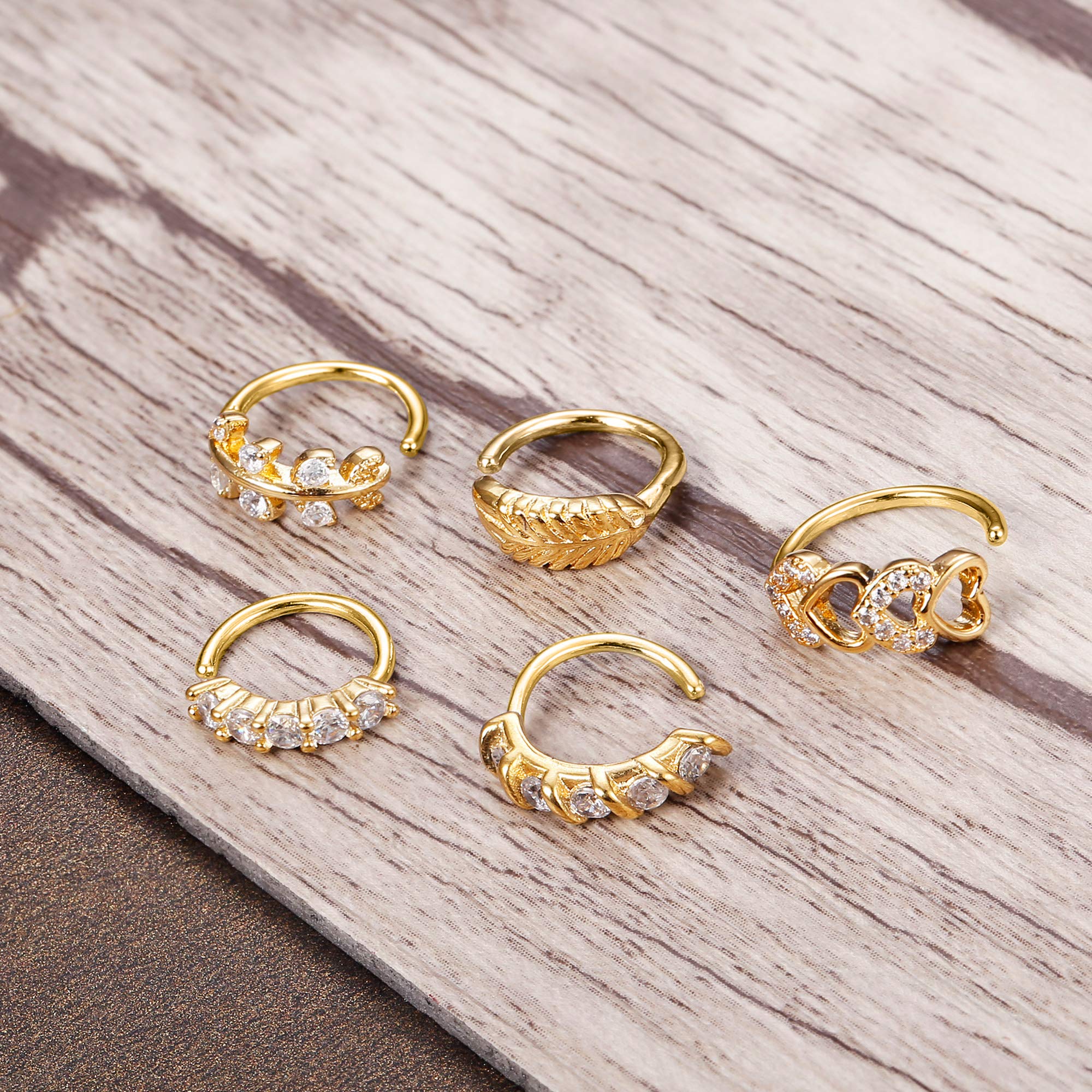 FINREZIO 5 Pcs 20G Gold Plated Stainless Steel Nose Ring Hoop Paved CZ Crawler Cartilage Earring Ear Piercing Jewelry 8mm