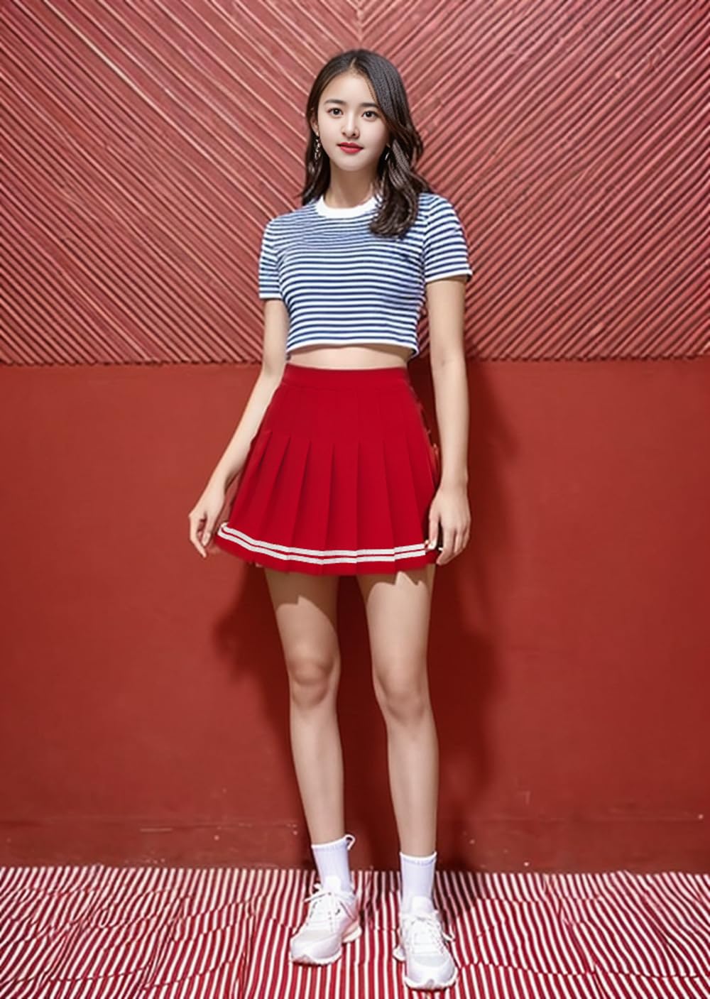 DRESS NICES Women Pleated Skirt A-Line Short Mini Basic Skirt School Uniform Cheerleader Skirts Skater Skirt Red White Strip M