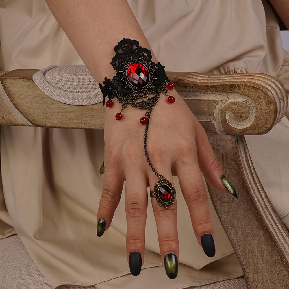 Kercisbeauty Black Lace with Ruby Red Rhinestones Bracelet Halloween Vampire Hand Harness with Finger Ring for Women Girls (Style 5)