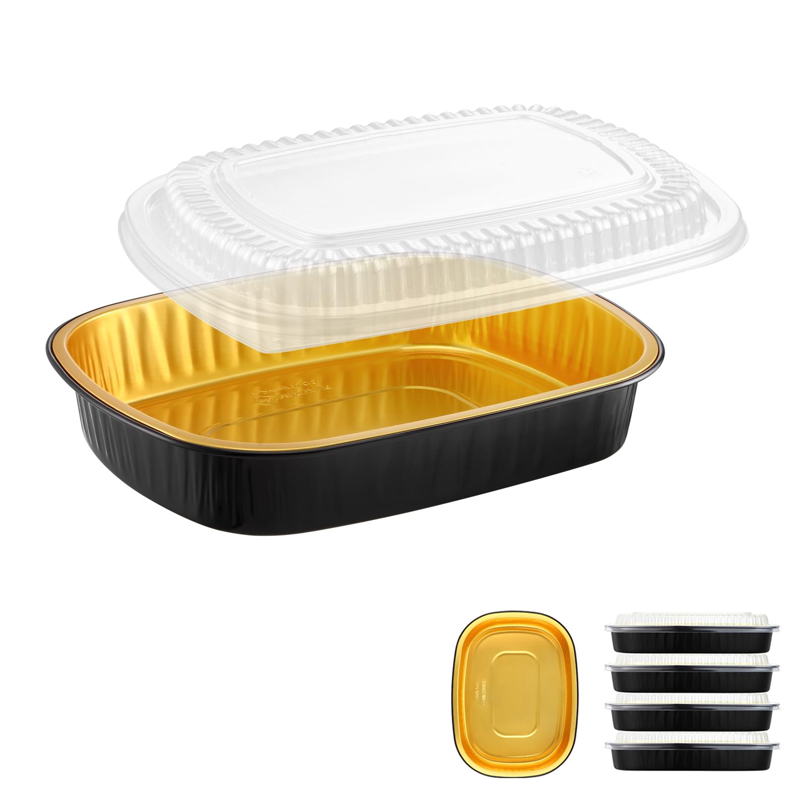 MESTAEK Oval Aluminum Foil Pans with Snap-On Lids (5 Pack) | 2X Thicker Heavy Duty Reusable Container 68oz for Take-Out (Black)