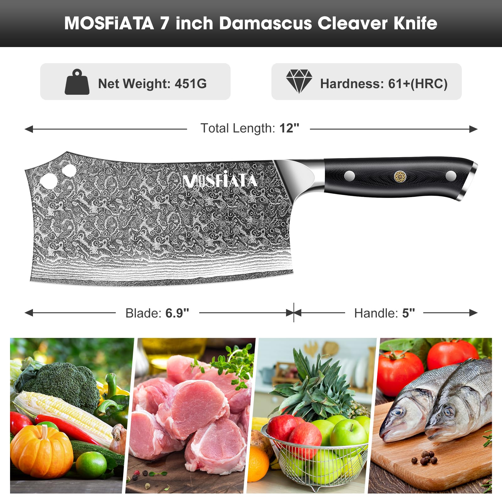 MOSFiATA Damascus 7” Cleaver Knife,Ultra Sharp Vegetable and Meat Butcher Knife with Finger Guard for Home Kitchen and Restaurant