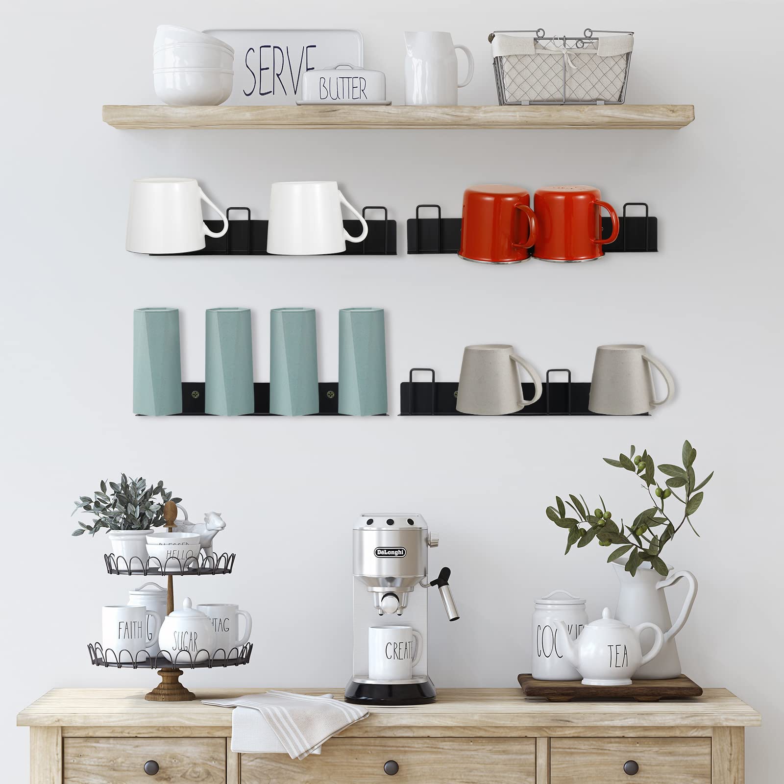 Geetery 4 Pcs Wall Mounted Coffee Mug Holder Black Metal Coffee Mug Rack Mug Hooks for Wall Hanging Coffee Cup Organizer Coffee Mug Hanger with 4 Cup Holders Kitchen Storage Home Office Living Room