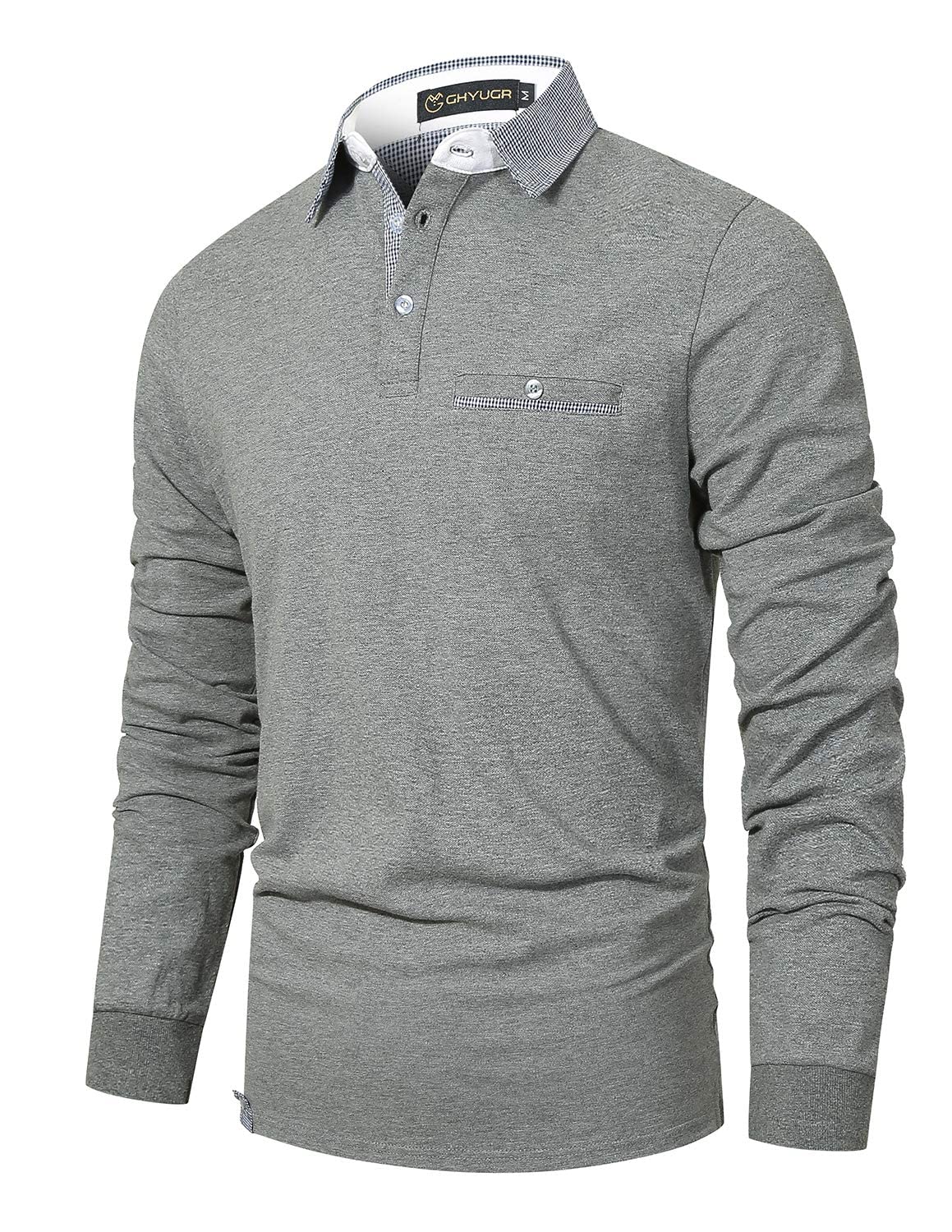 GHYUGR Mens Long Sleeve Polos with Classic Plaid Splice Golf Polo Shirts,Red 1,XXXL