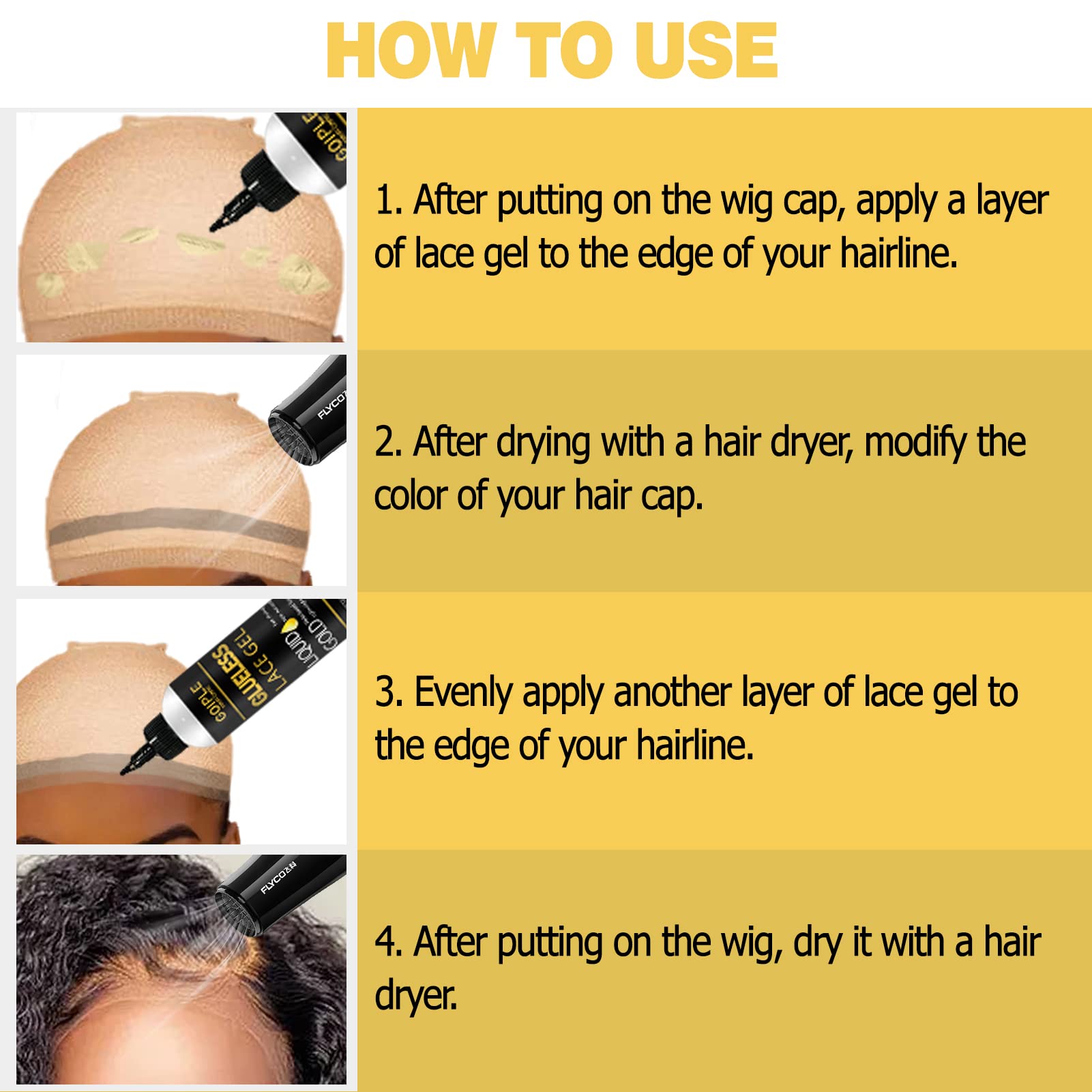 Goiple Wig Glue, Liquid Gold Glueless Lace Gel - Waterproof, Non Toxic, Gold, 4oz - Wig Kit for Wigs and Hair Systems