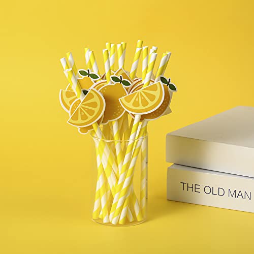 Lemon Biodegradable Paper Straws,Lemon Birthday Party Striped Decorative Straws - Set of 20.