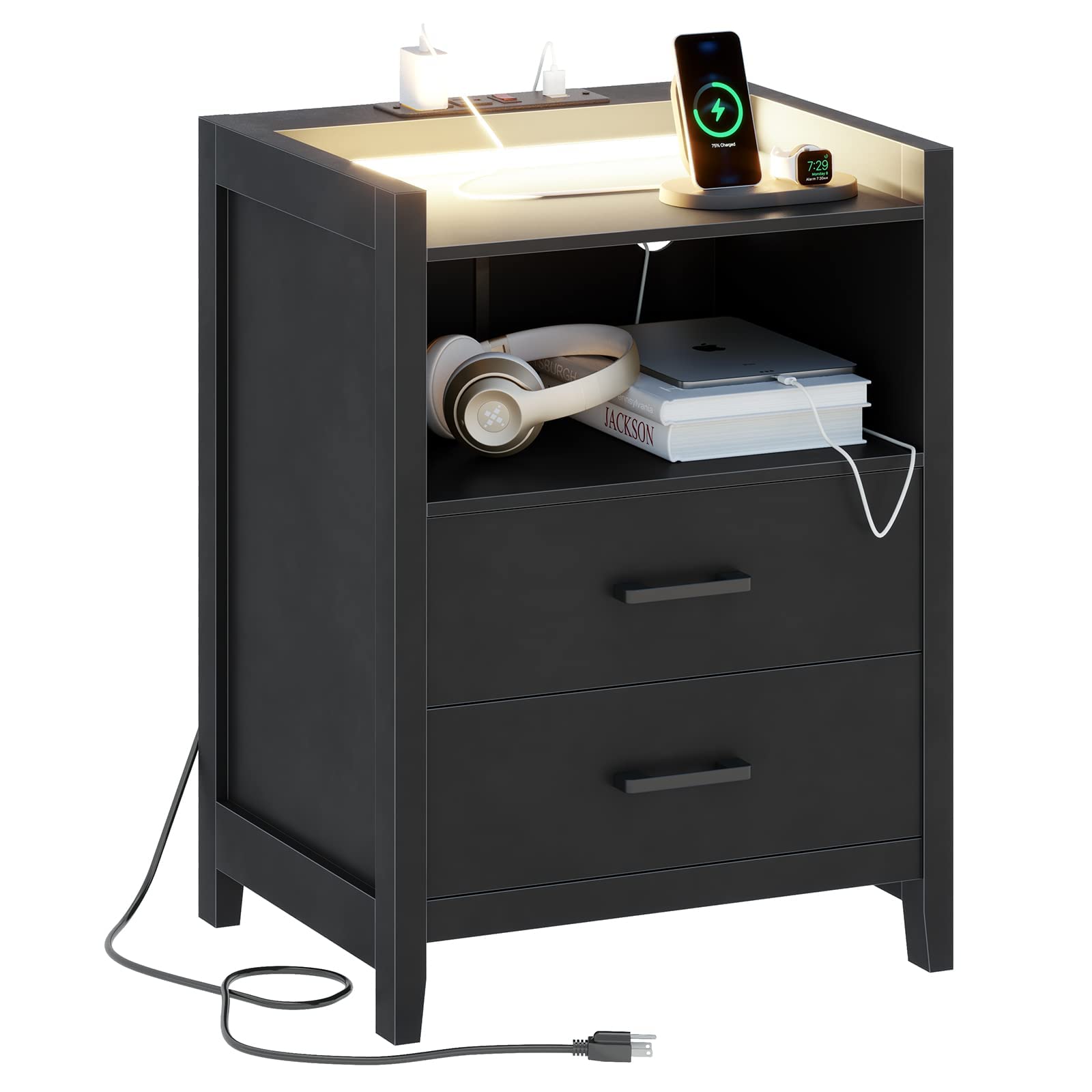 EPHEX Nightstand with LED Light & Charging Station, Black Night stand with 2 Drawers, Modern End Side Table with USB Ports, Bedside Table for Bedroom