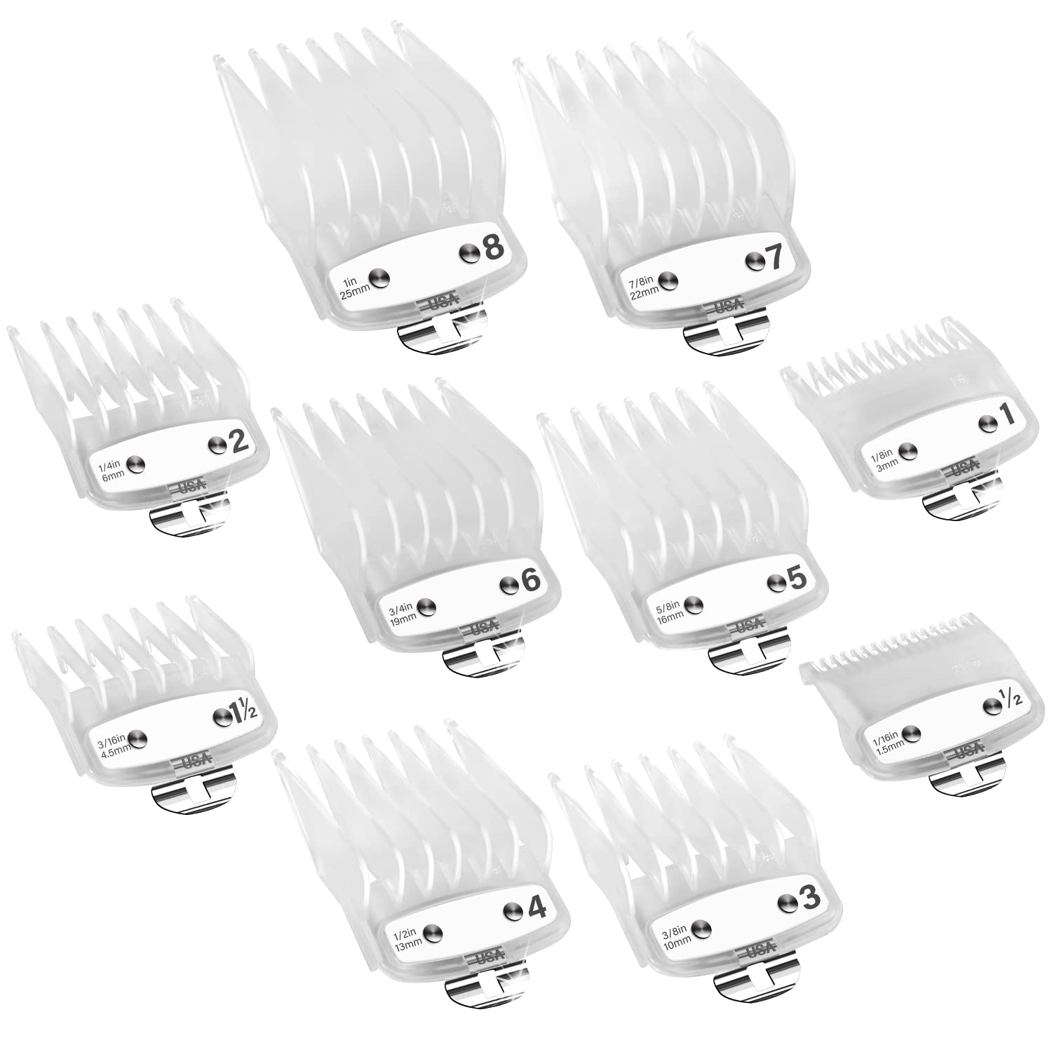 Professional Hair Clipper Guards Guides 10 Pcs Coded Cutting Guides #3170-400- 1/16β to 1 fits for All Wahl Clippers(Transparent-10 Pcs)