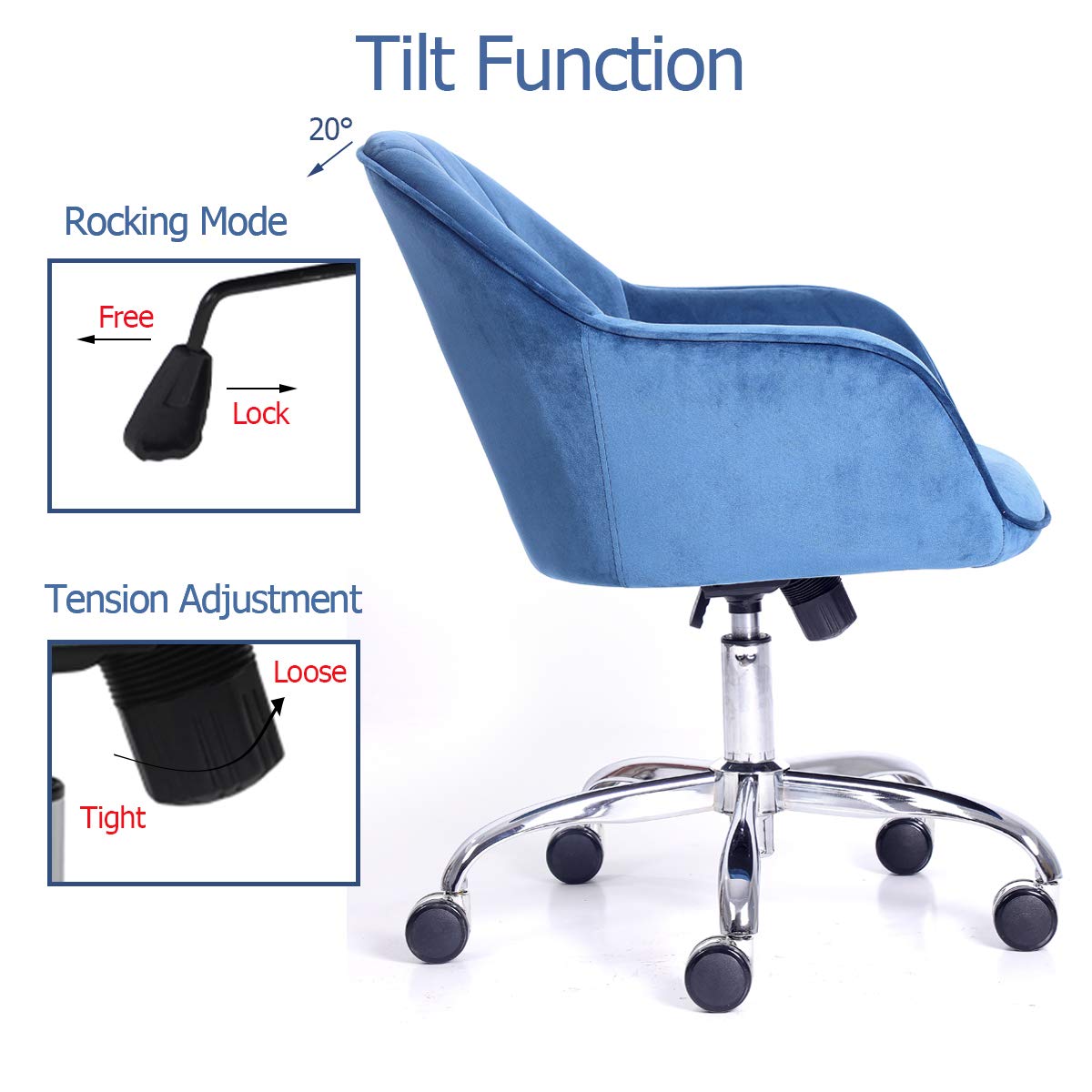 FCQuality Home Office Chairs Velvet Swivel Desk Chair Height Adjustable Computer Task Chair with Strong Metal Base for Study/Living Room/Bedroom (Navy Blue)