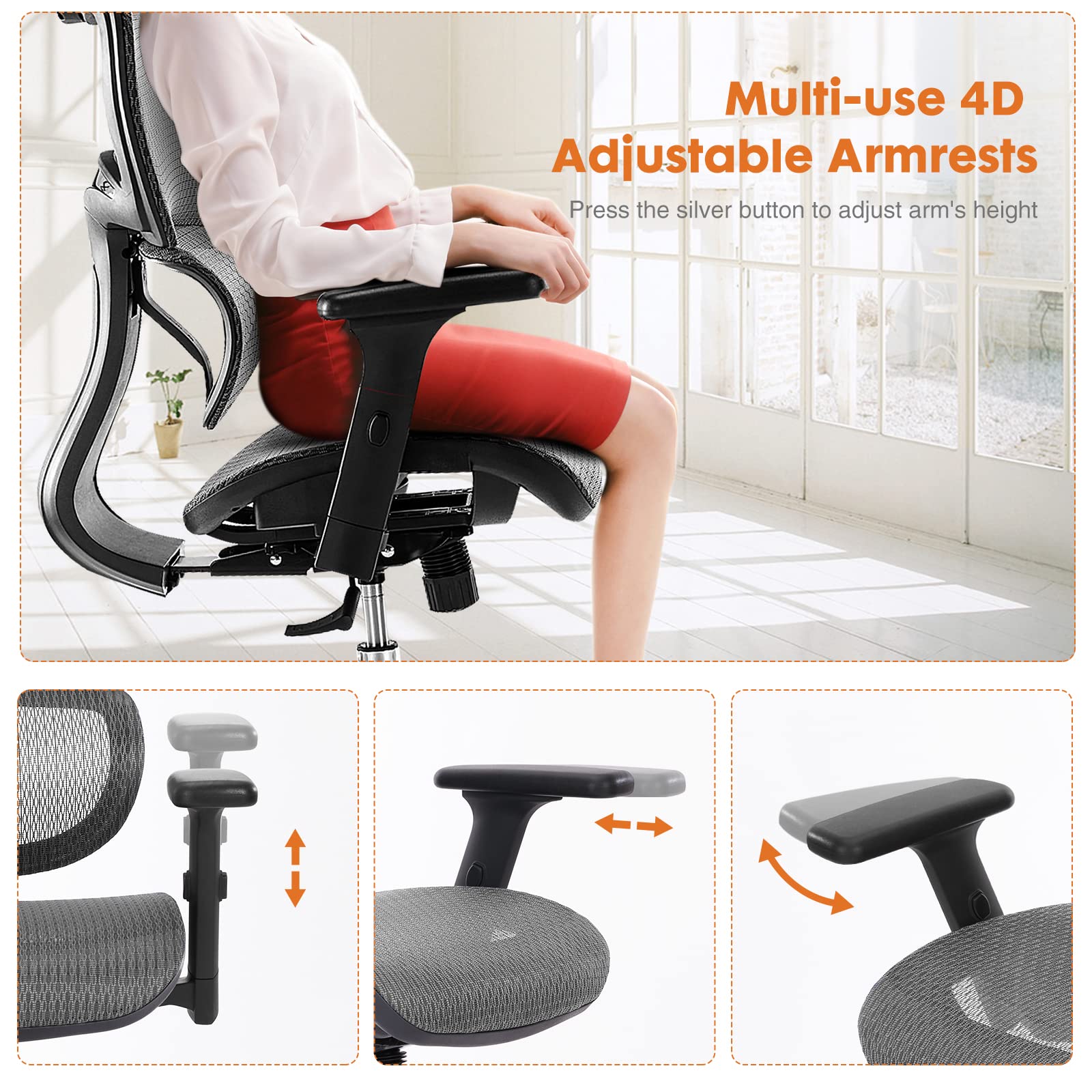 Ergonomic Office Chair,Large High Back Office Chairs Ergo3D Rolling Desk Chair with 4D Adjustable Armrest,3D Lumbar Support,Adjustable Headrest,Breathable Mesh Computer Gaming Executive Swivel Chairs