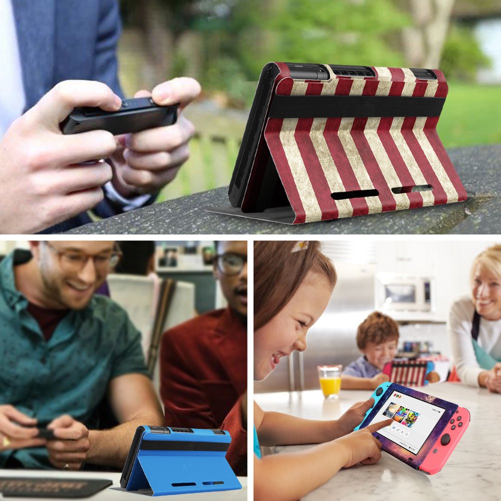 Fintie Protective Case for Nintendo Switch - [Multi-Angle Viewing] Ultra Slim Vegan Leather Play Stand Cover with Elastic Strap for Nintendo Switch 2017 - Black