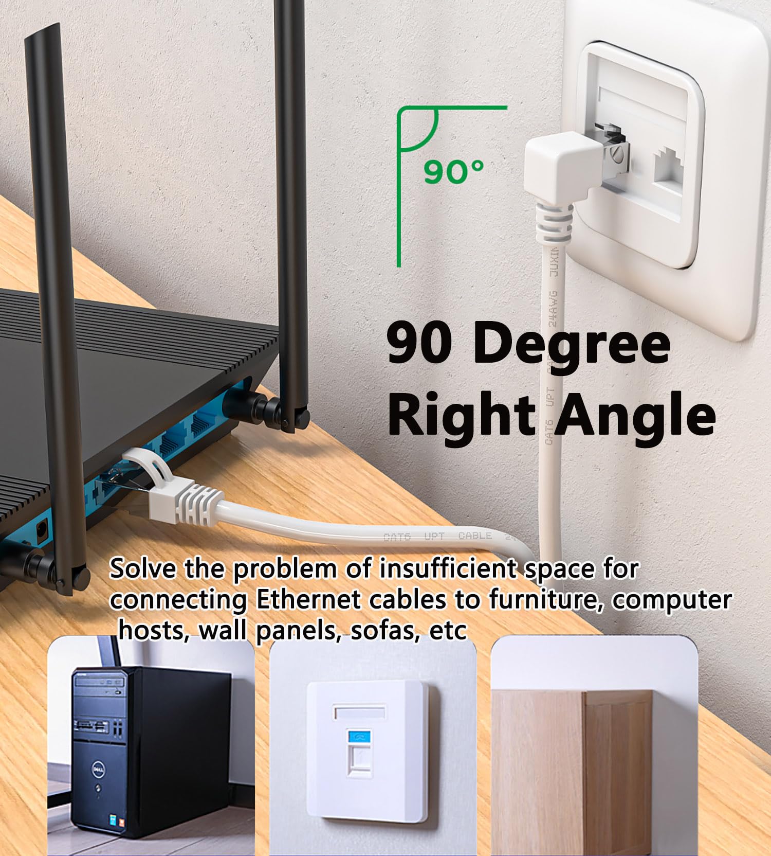 JUXINICE Right Angle Ethernet Extension Cable UPangle 1.5ft-White, 90 Degree CAT6 Ethernet Patch Cable RJ45 LAN Cable Extender Male to Female Connector for Router Modem Smart TV PC Computer Laptop