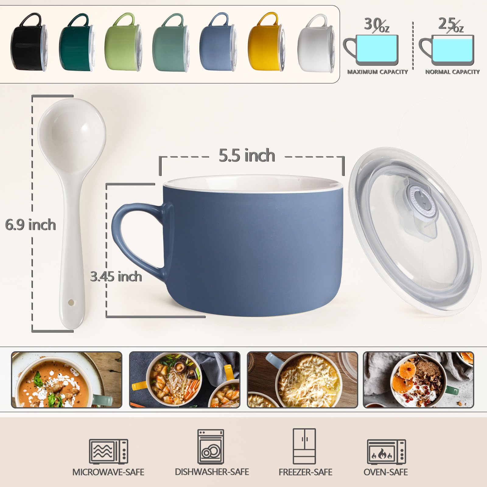 Wareland Soup Bowls with Handles & Spoons, 30oz Ceramic Ramen Bowl with Lid, Large Soup Mugs/Cups for Instant Noodle, Big Cereal Bowls for Oatmeal, Soup Containers with Lids, Set of 2, Sky Blue